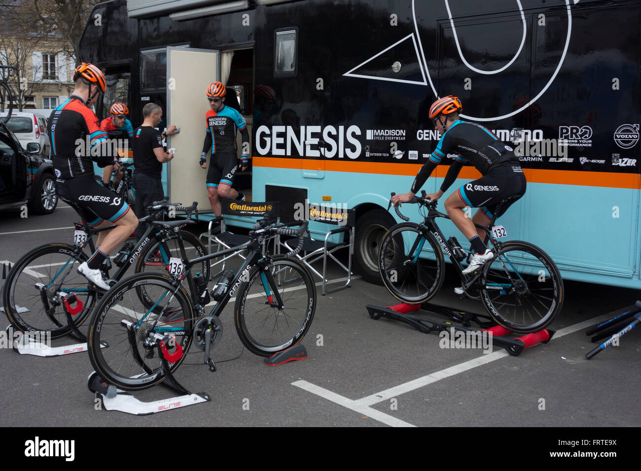 Riders from British pro cycling team, Madison Genesis, warming up ...