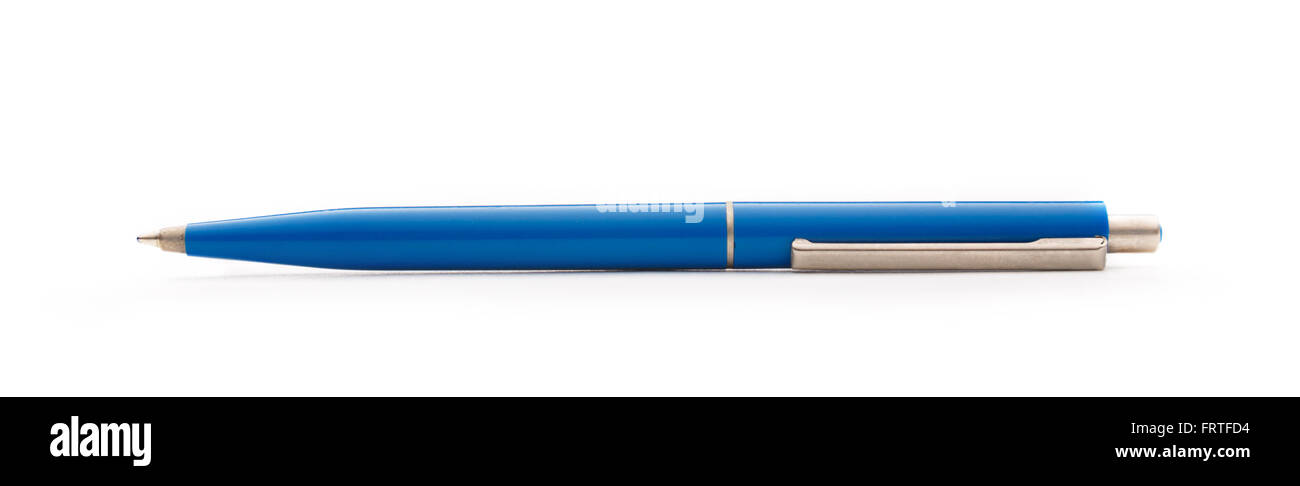 Blue pen in closeup isolated on white background Stock Photo - Alamy