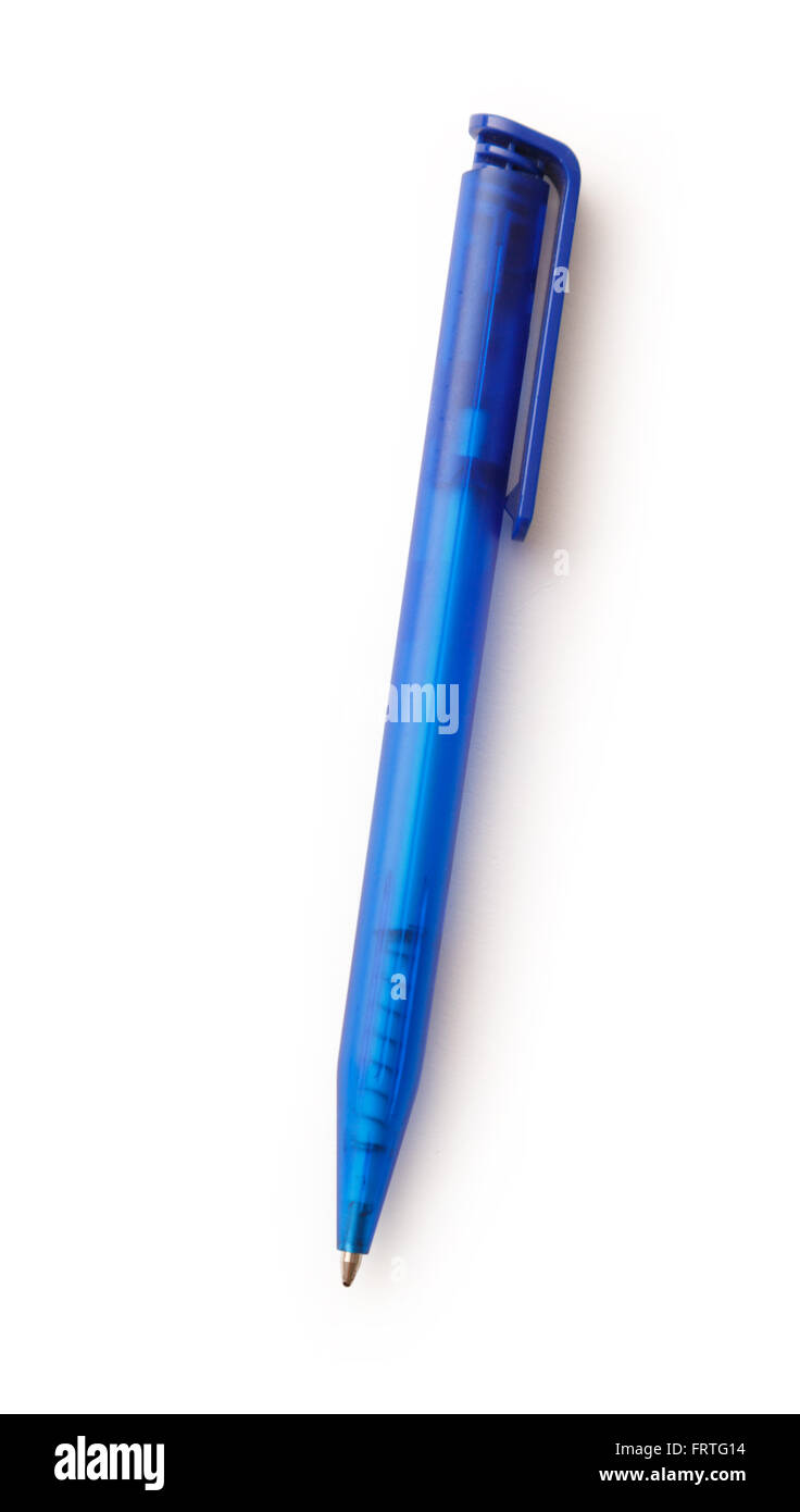 Blue pen in closeup isolated on white background Stock Photo - Alamy