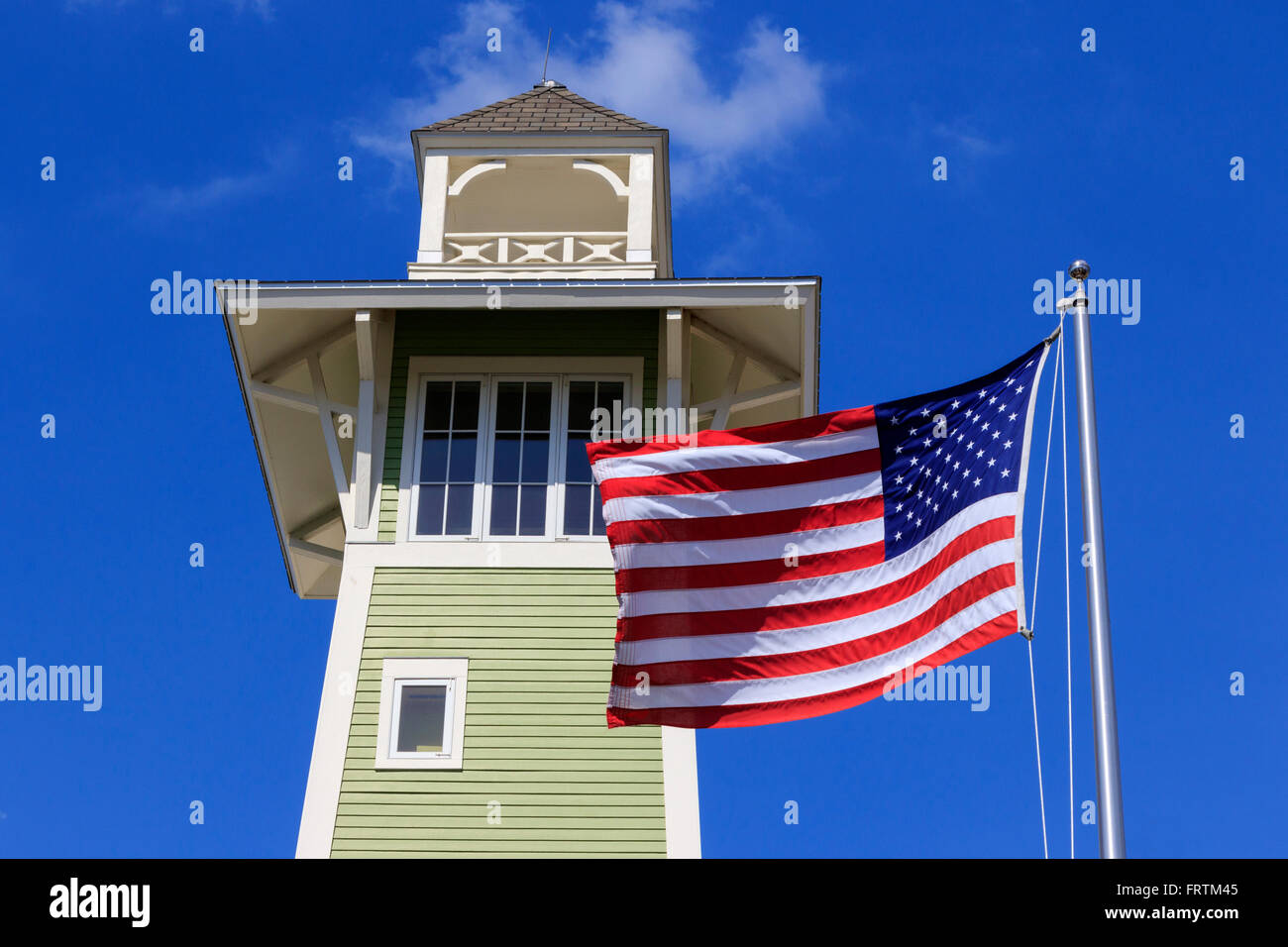 Wooden watchtower with the Stars and Stripes ,American flag in the ...