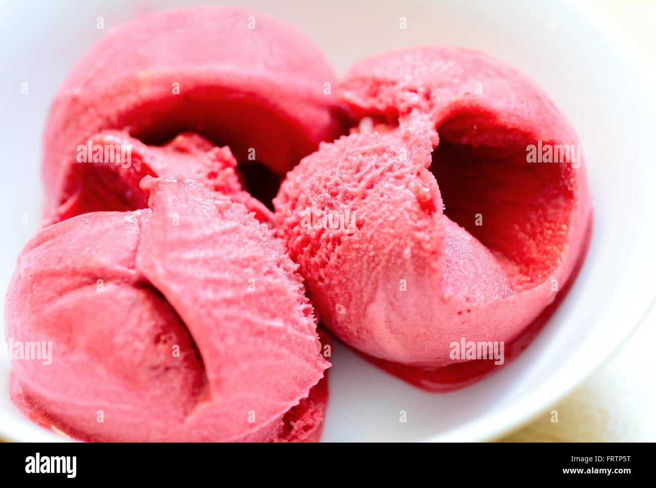 Raspberry ice cream sorbet scoops closeup. Raspberry sorbet. Ice cream ...