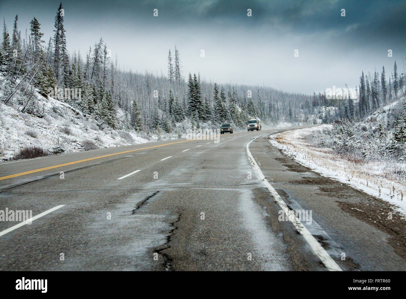 Snowy scenic drive in late October on highway 93 in British Rocky ...