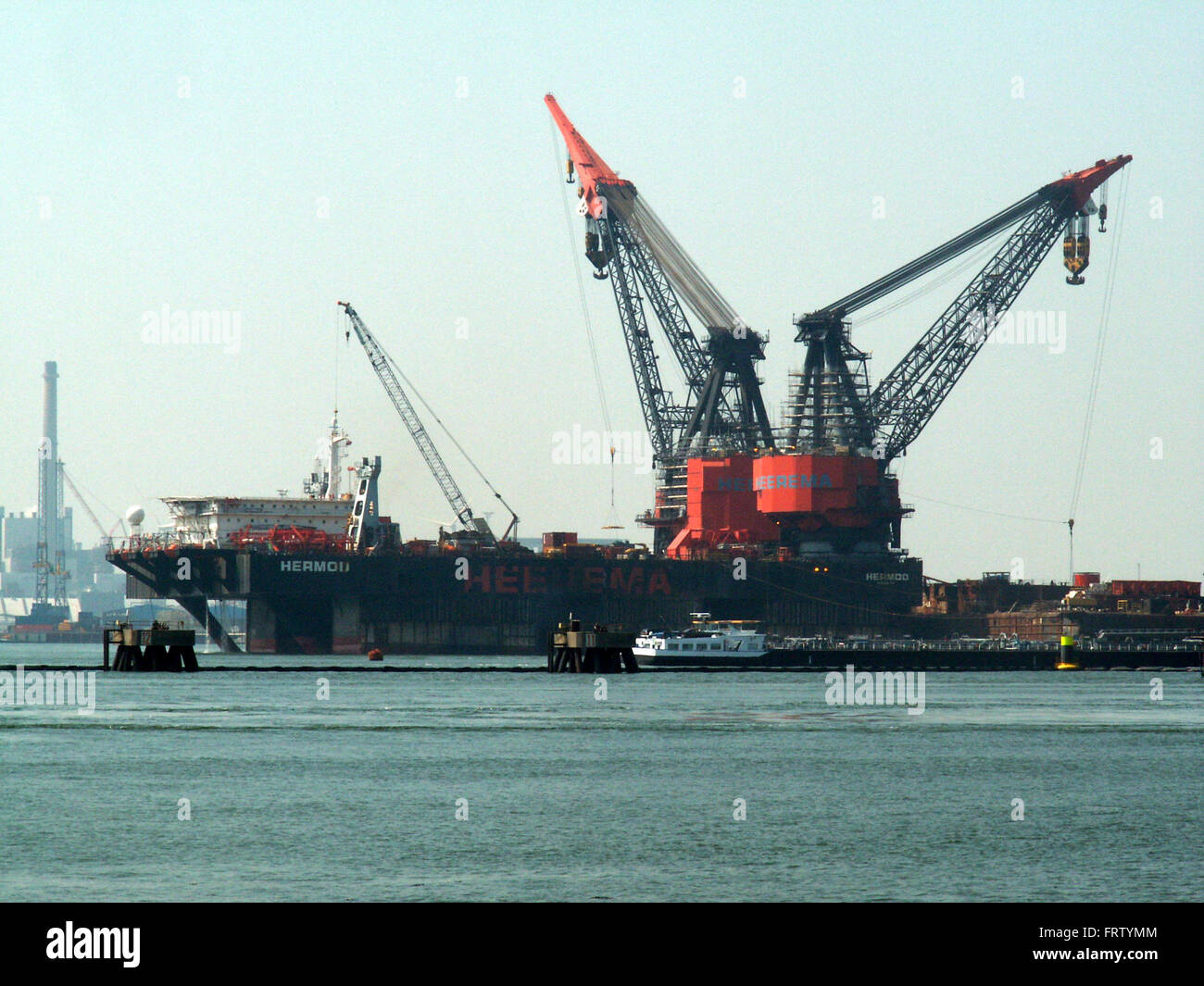 The Hermod, a 1978 offshore crane platform operated by Heerema, docked ...