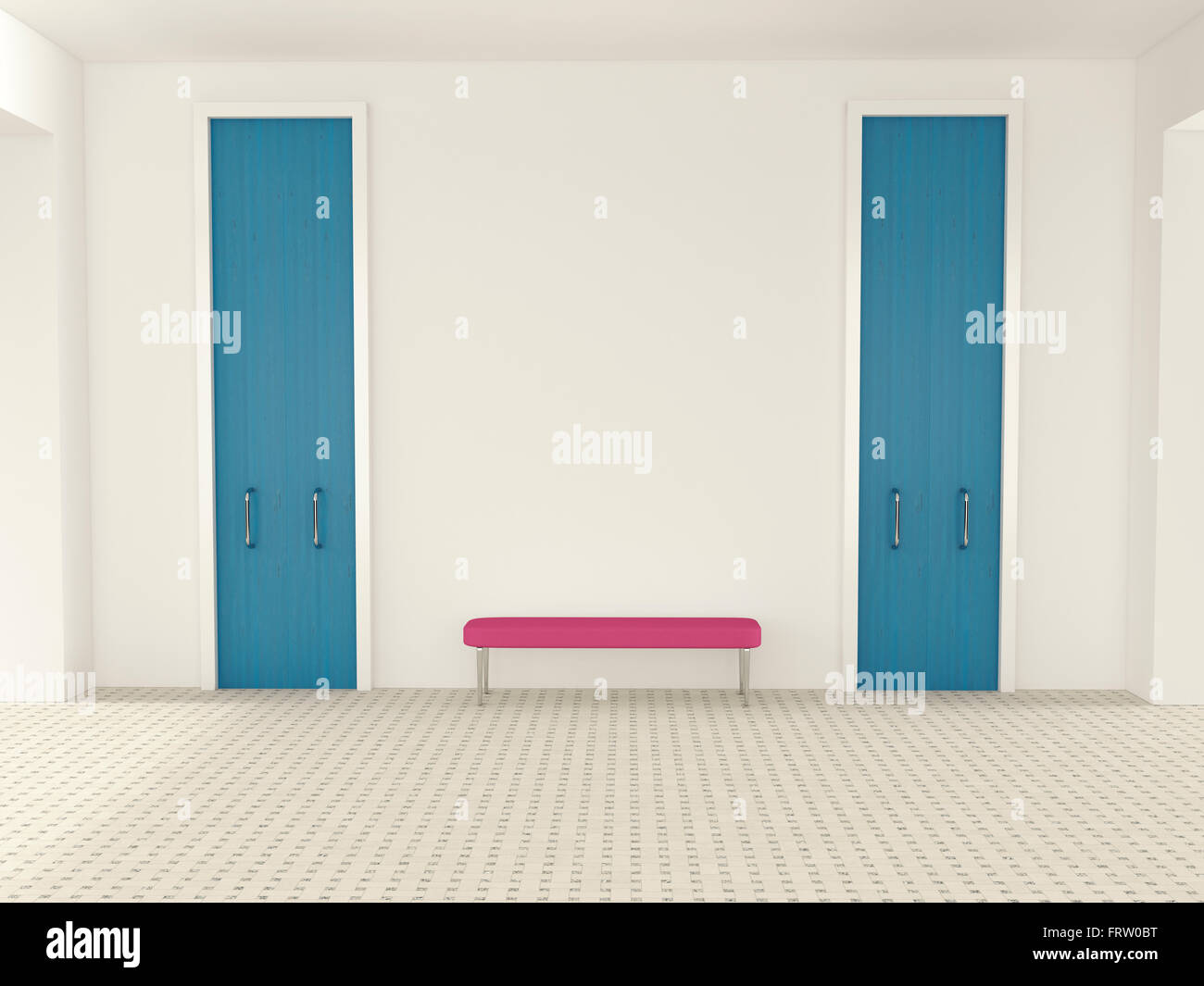 Lobby with bench between two doors, 3D Rendering Stock Photo - Alamy