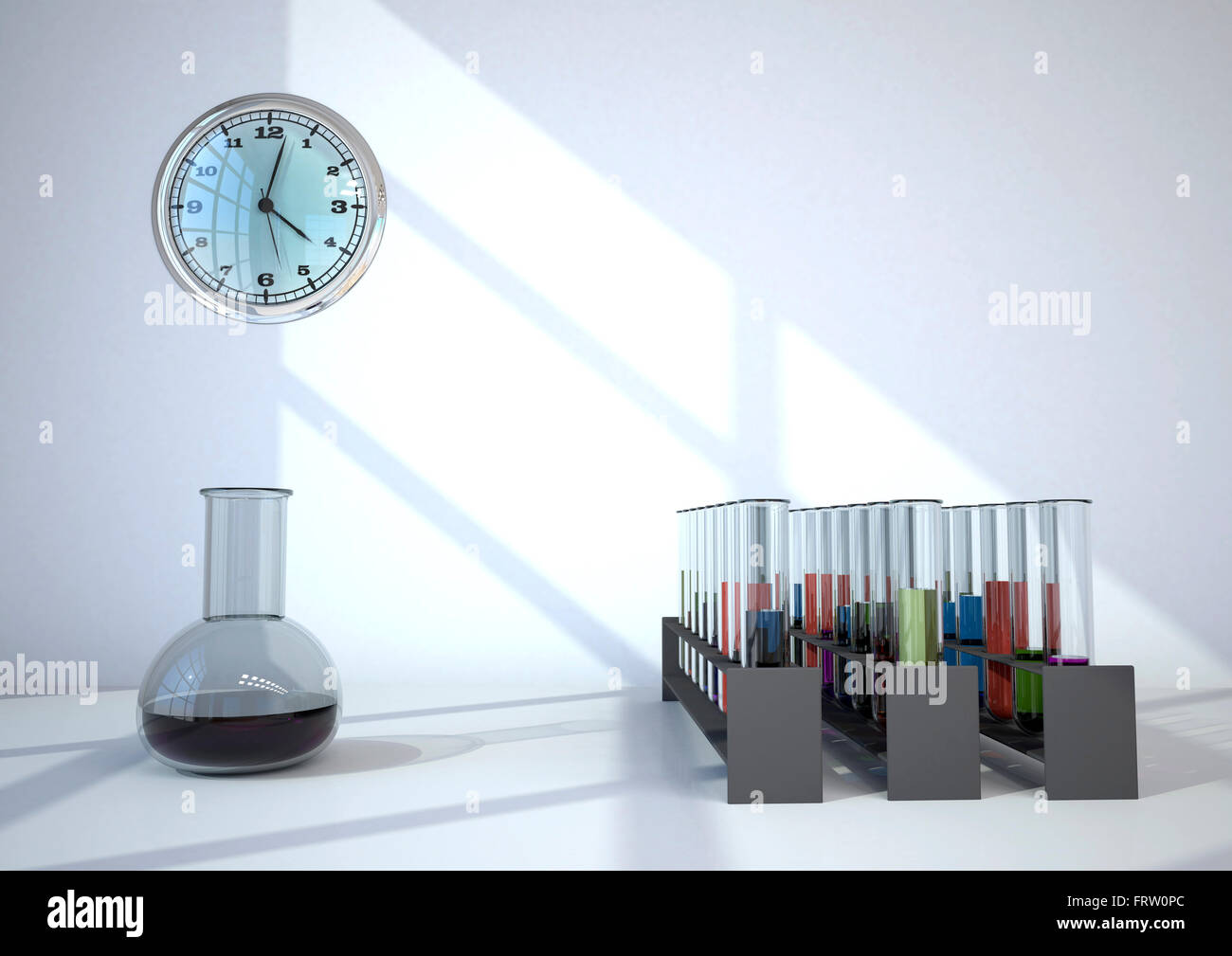 Chemistry lab with test tubes and clock, 3d illustration Stock Photo ...