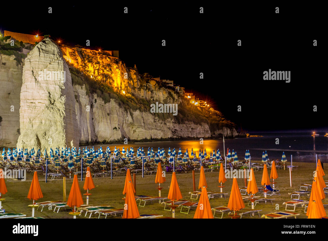 Night on the beach resorts of Vieste in the Gargano in Apulia, Italy ...
