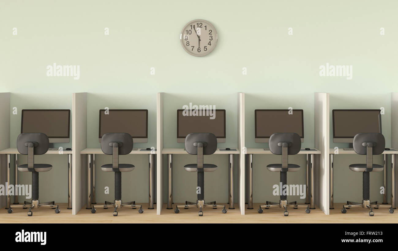 Row of computer workplaces Stock Photo - Alamy