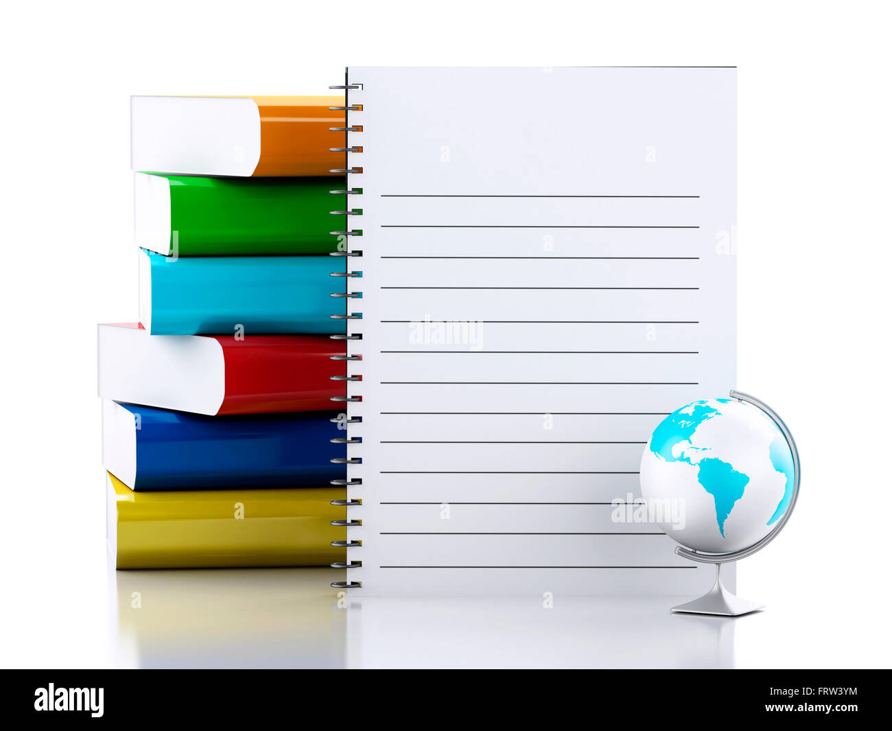 3D Illustration. White notepad page with books and desk globe. Isolated ...