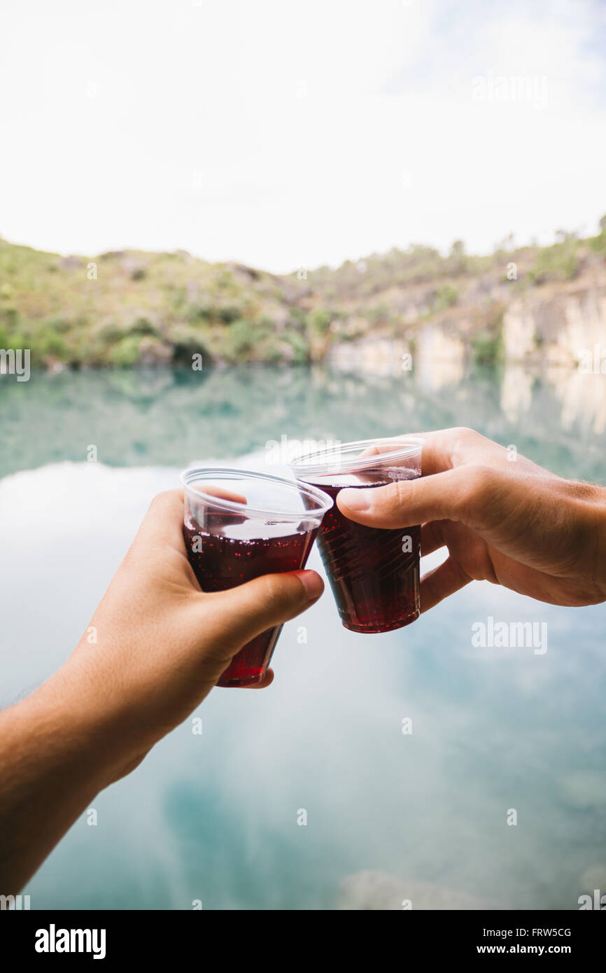 Hands of toasting men in front of a lake Stock Photo - Alamy