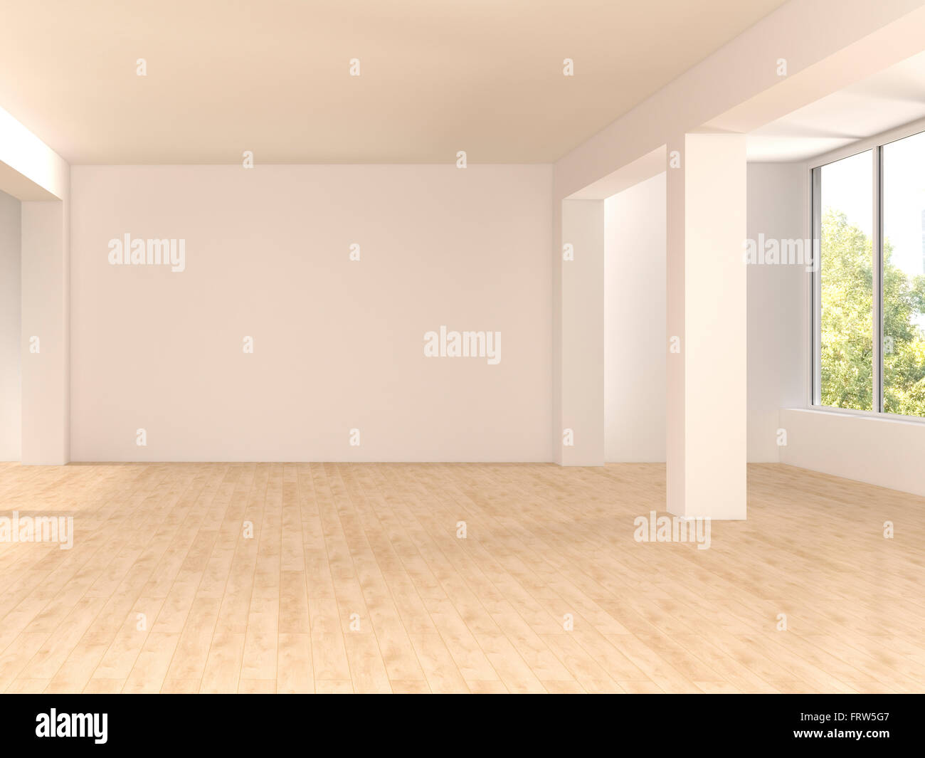 Empty spacious room with wooden floor, 3D Rendering Stock Photo - Alamy