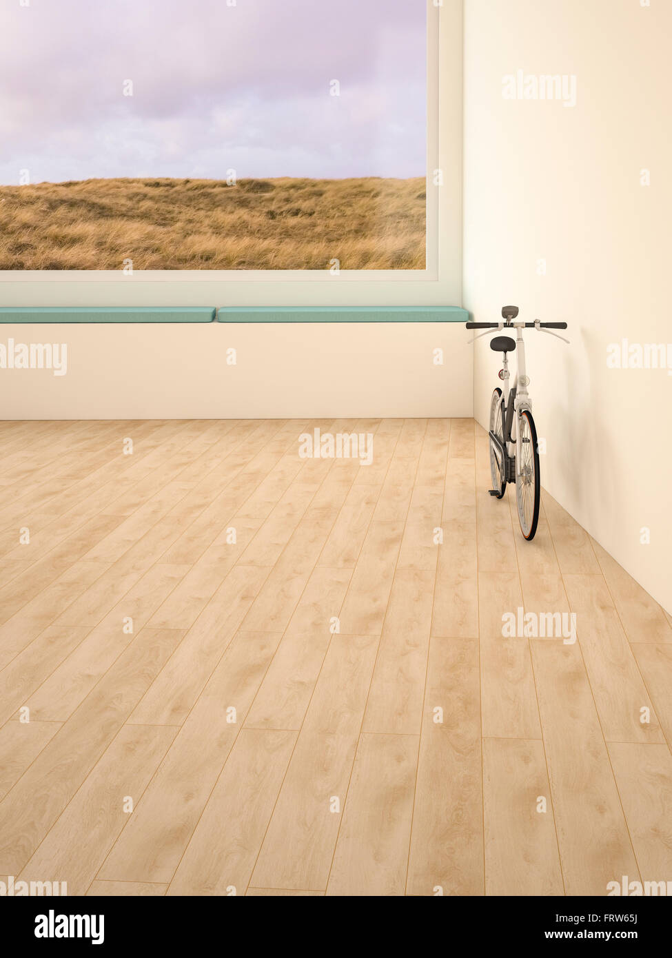 Electric bicycle in room, view through window to dunes Stock Photo - Alamy