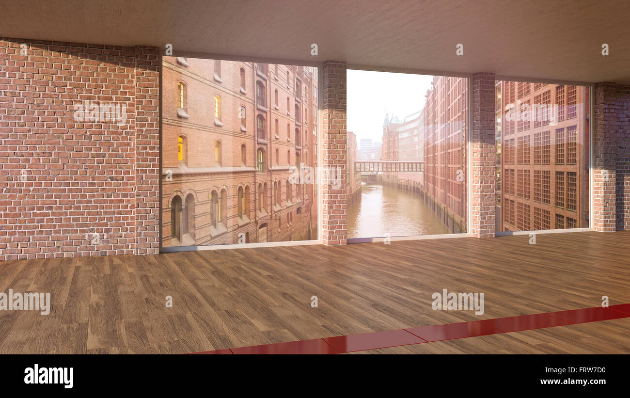 Empty room with parquet in a brick building, 3D Rendering Stock Photo ...