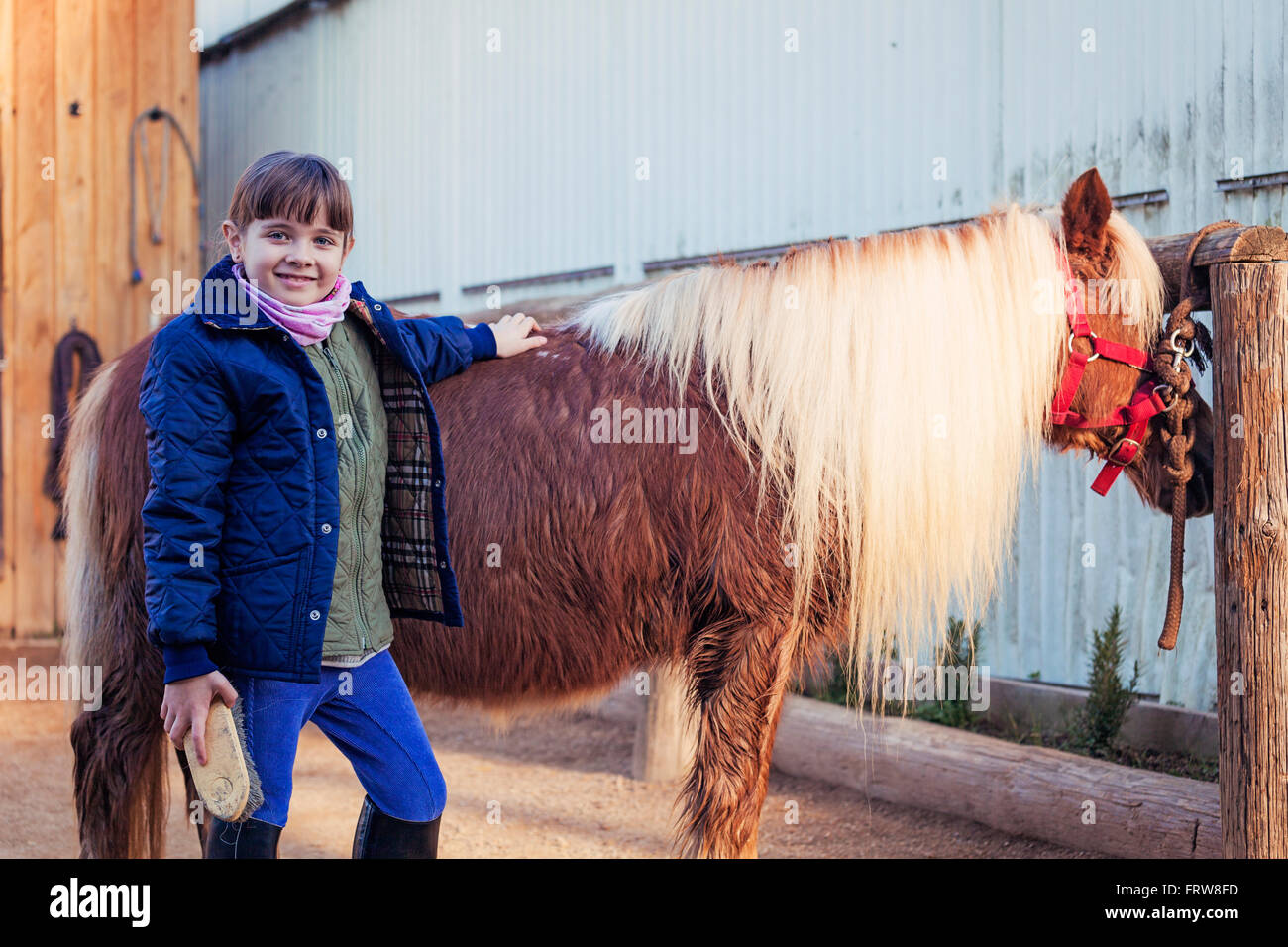 Portrait of smiling girl grooming pony Stock Photo - Alamy