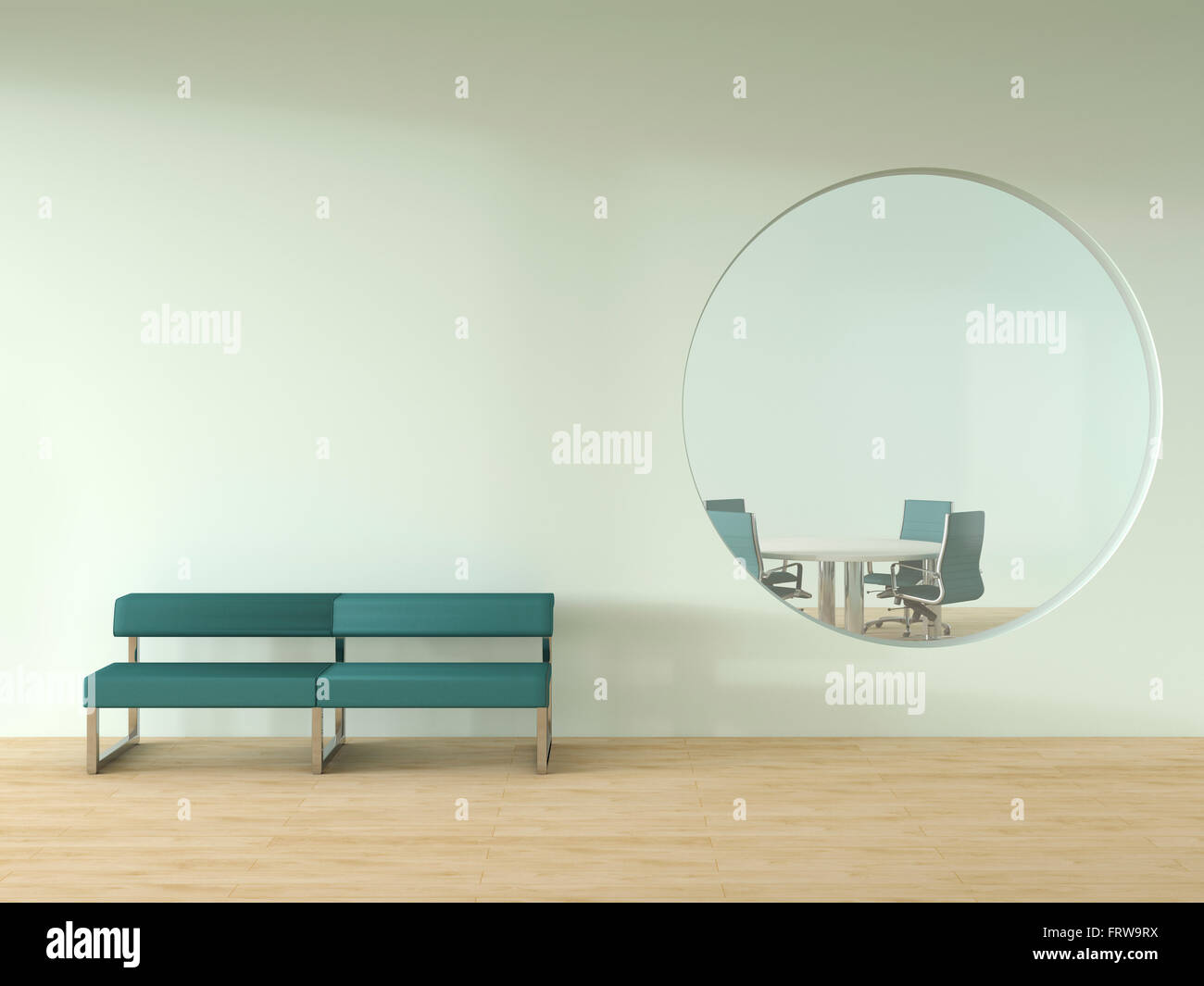 Bench standing in front of wall with oculus and view into meeting room ...