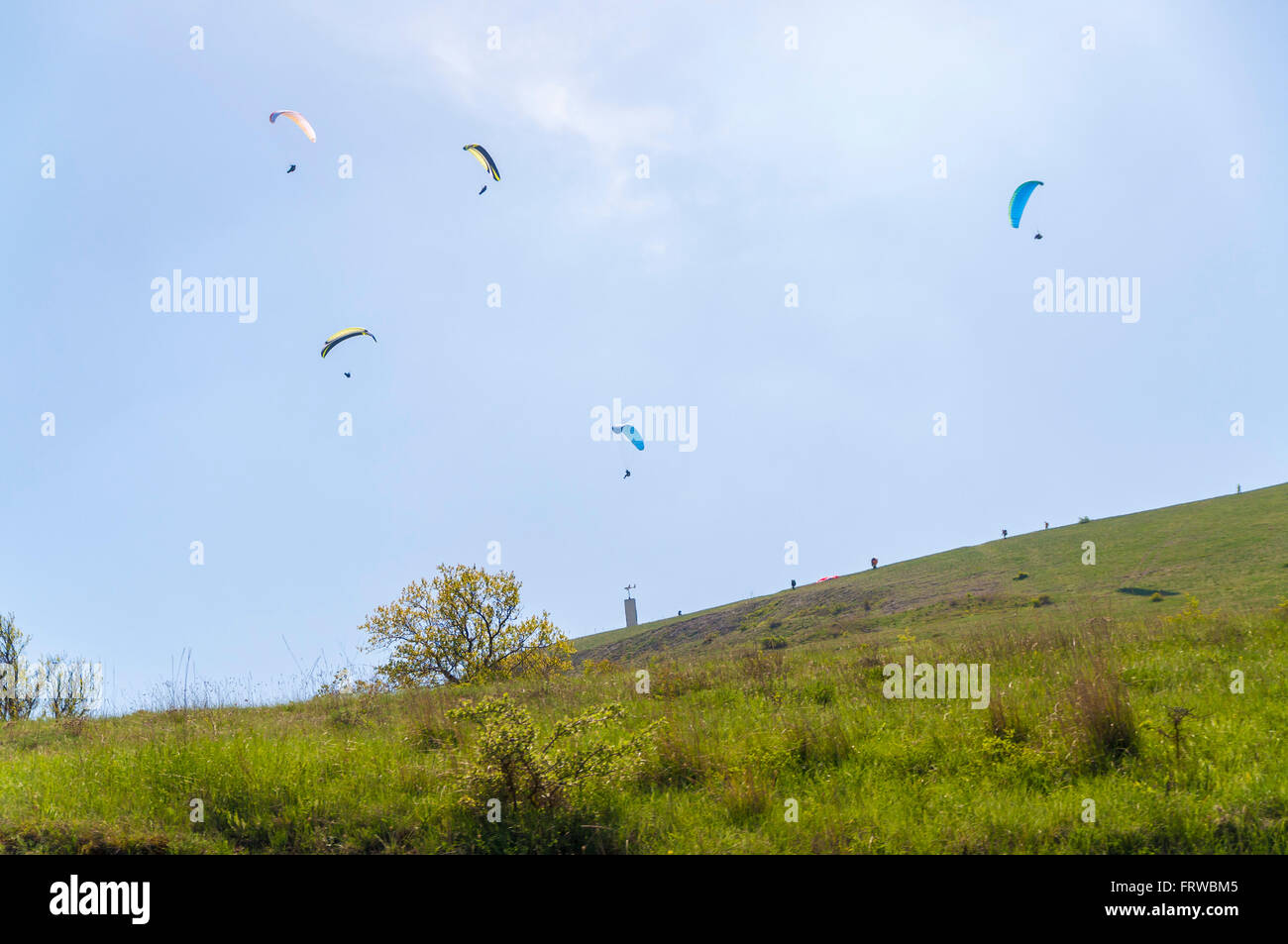 Multiple paragliders with their parachutes on a sunny day in the Crimea ...