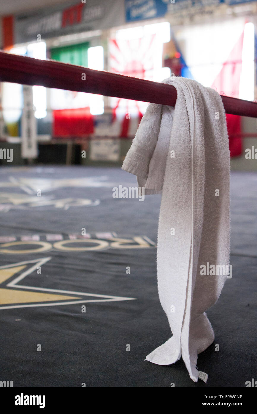 Towel on rope of boxing ring Stock Photo - Alamy