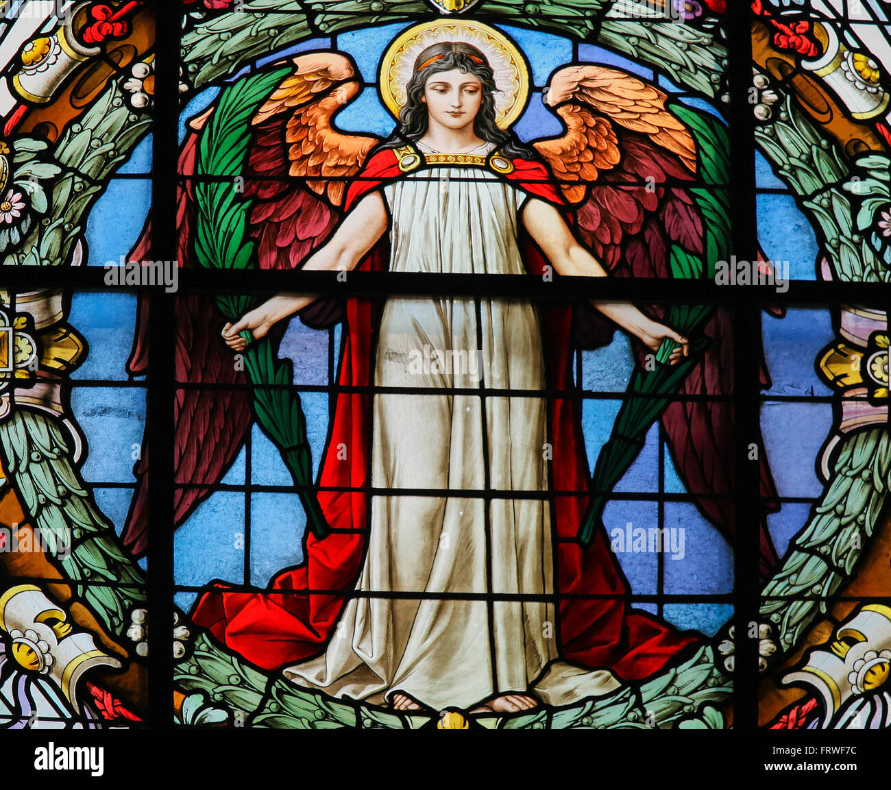 Stained glass window depicting an angel in the German Church in Gamla ...