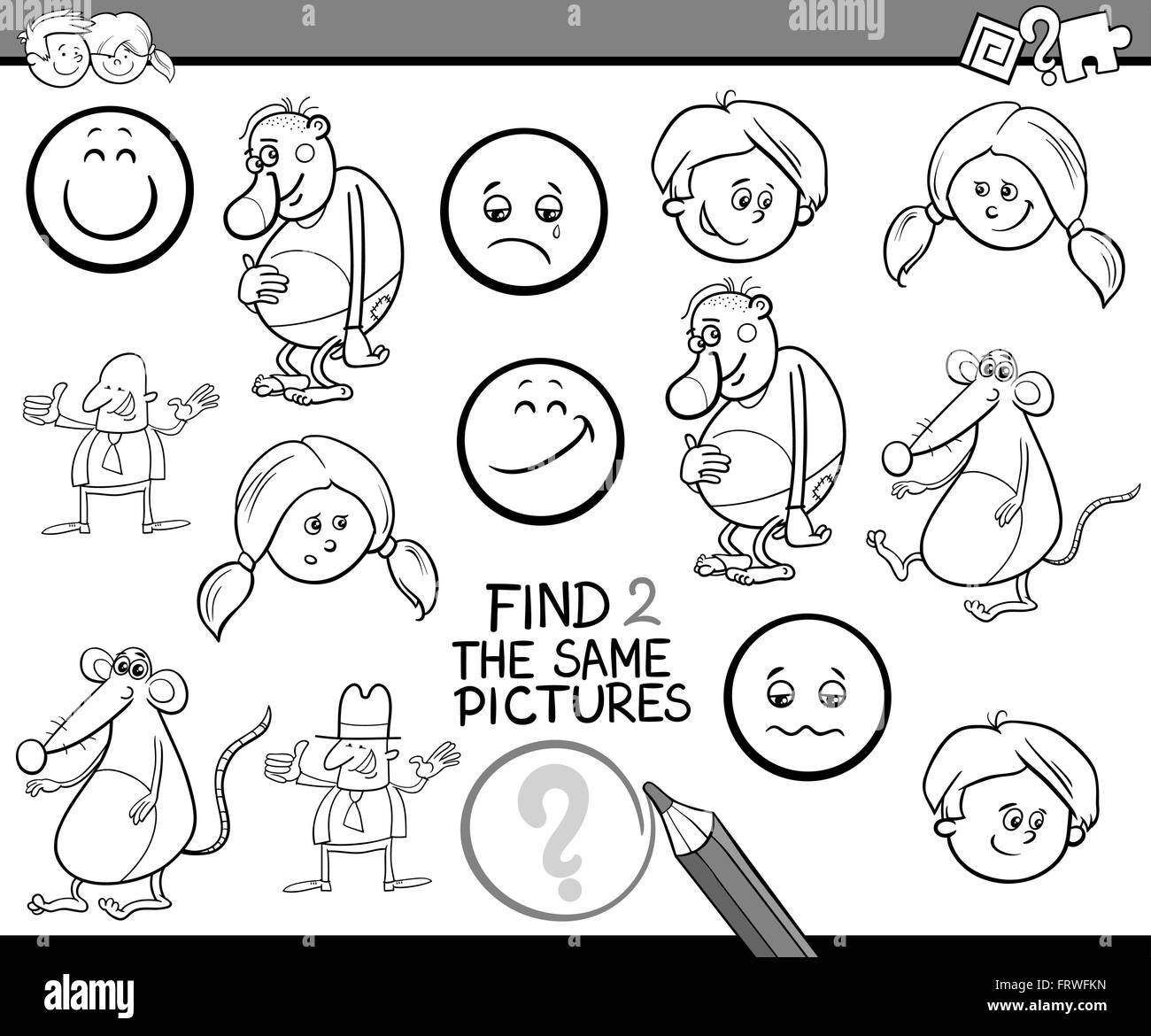 Black and White Cartoon Illustration of Find Exactly the Same Pictures ...