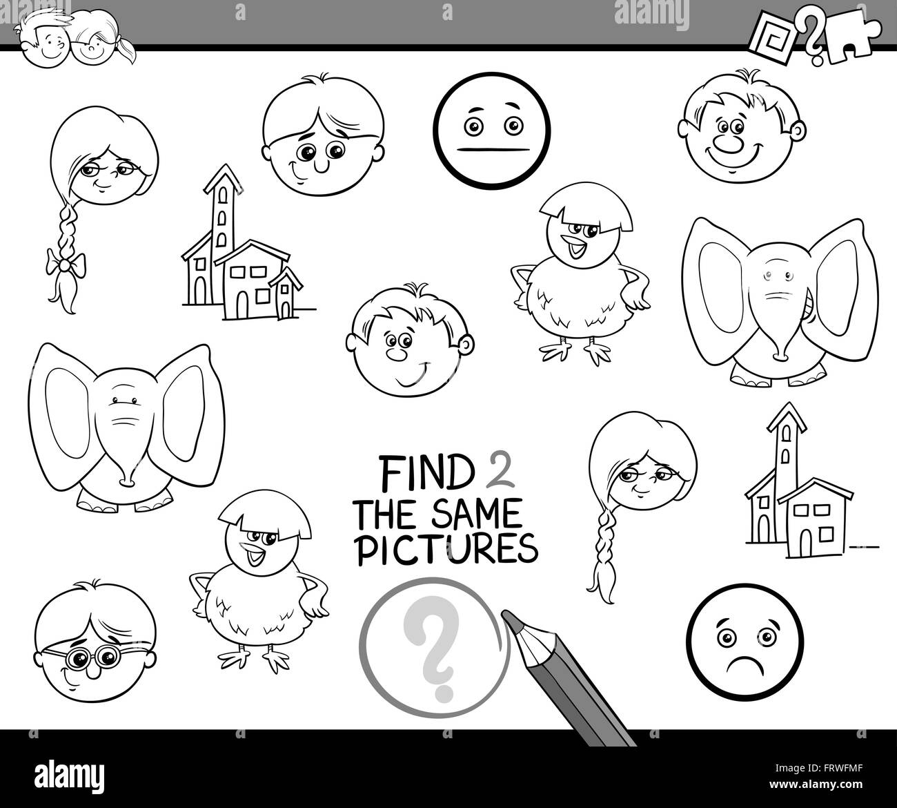 Black and White Cartoon Illustration of Find Identical Pictures ...