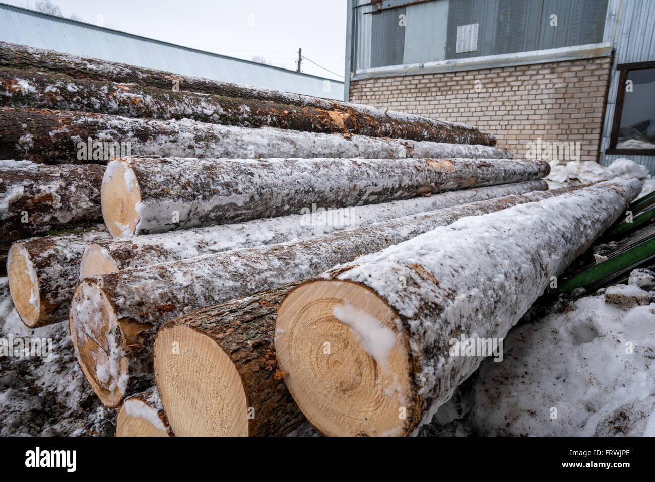 Sawmill in winter. Logs covered with snow Stock Photo - Alamy