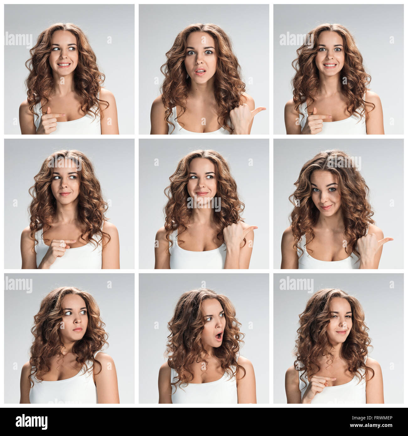 The collage from happy woman emotions on gray background Stock Photo ...