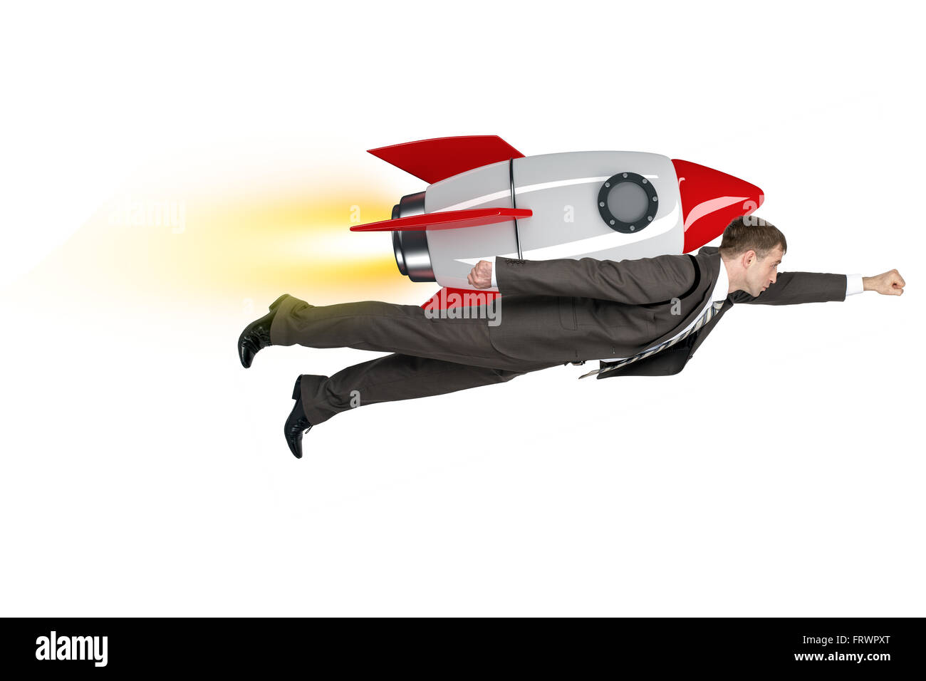 Businessman flying on rocket Stock Photo - Alamy