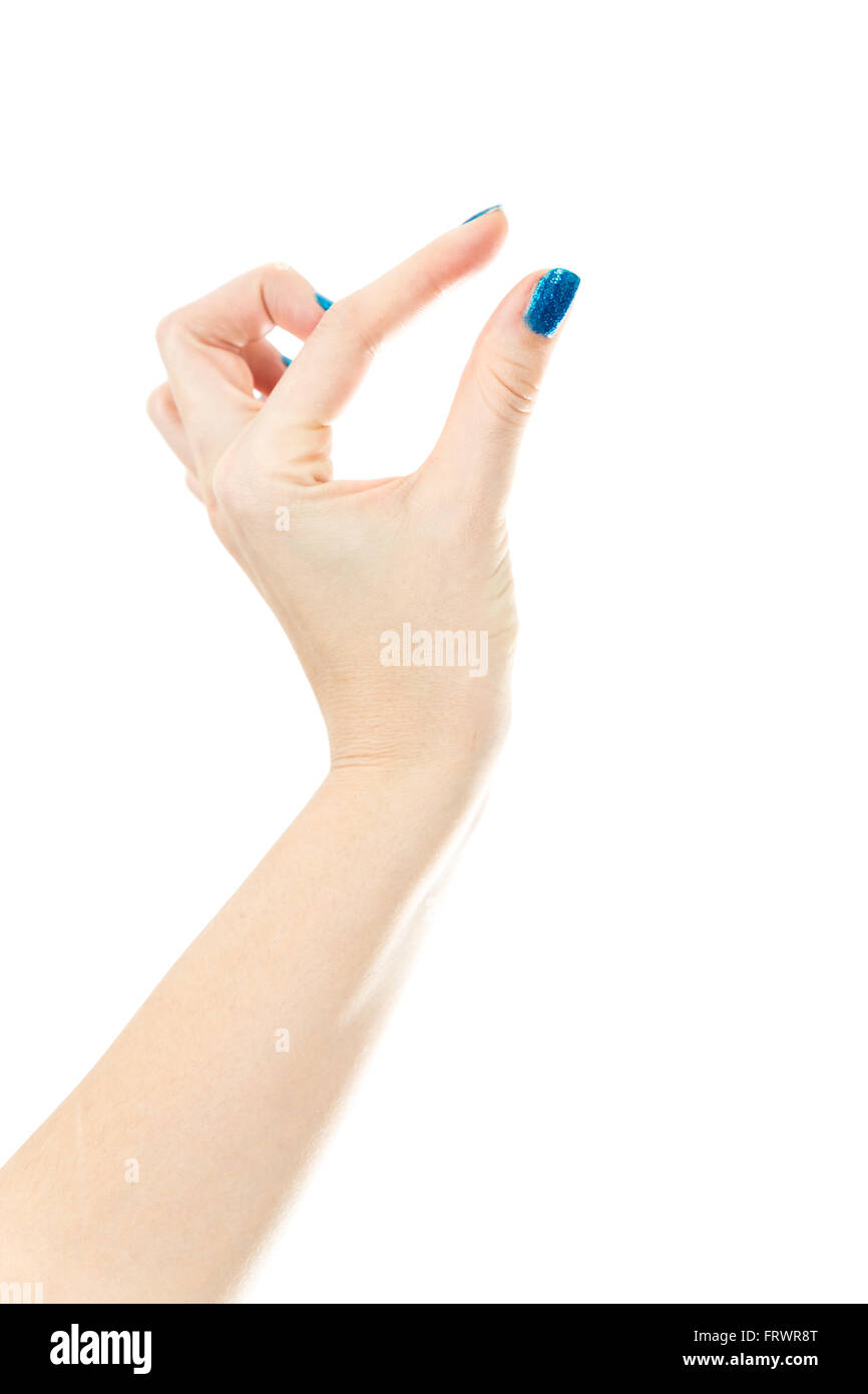 Isolated female hand holding an object or pinch to zoom gesture Stock ...