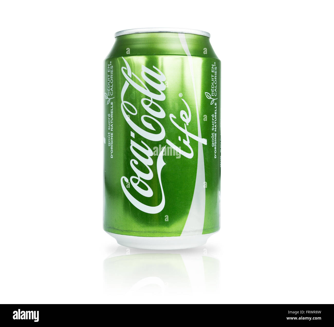 TOURS, FRANCE - JUNE 6, 2015: Closeup of aluminum green can of Coca ...