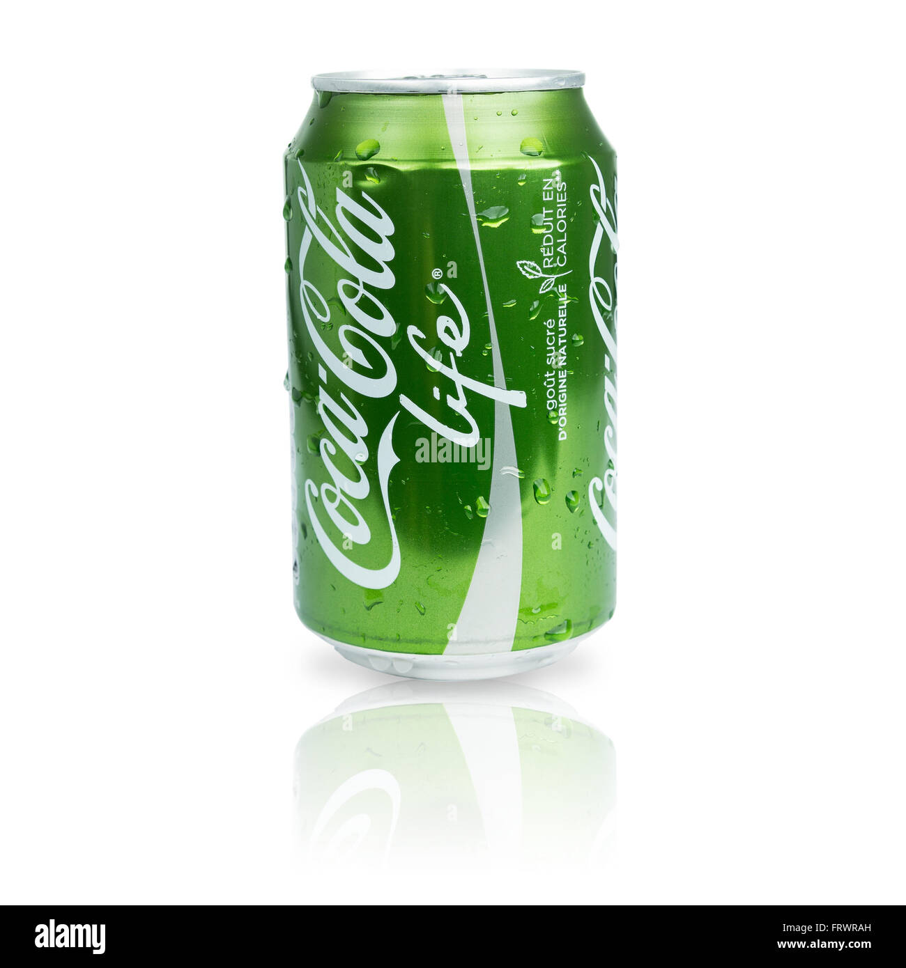 TOURS, FRANCE - JUNE 6, 2015: Closeup of aluminum green can of Coca ...