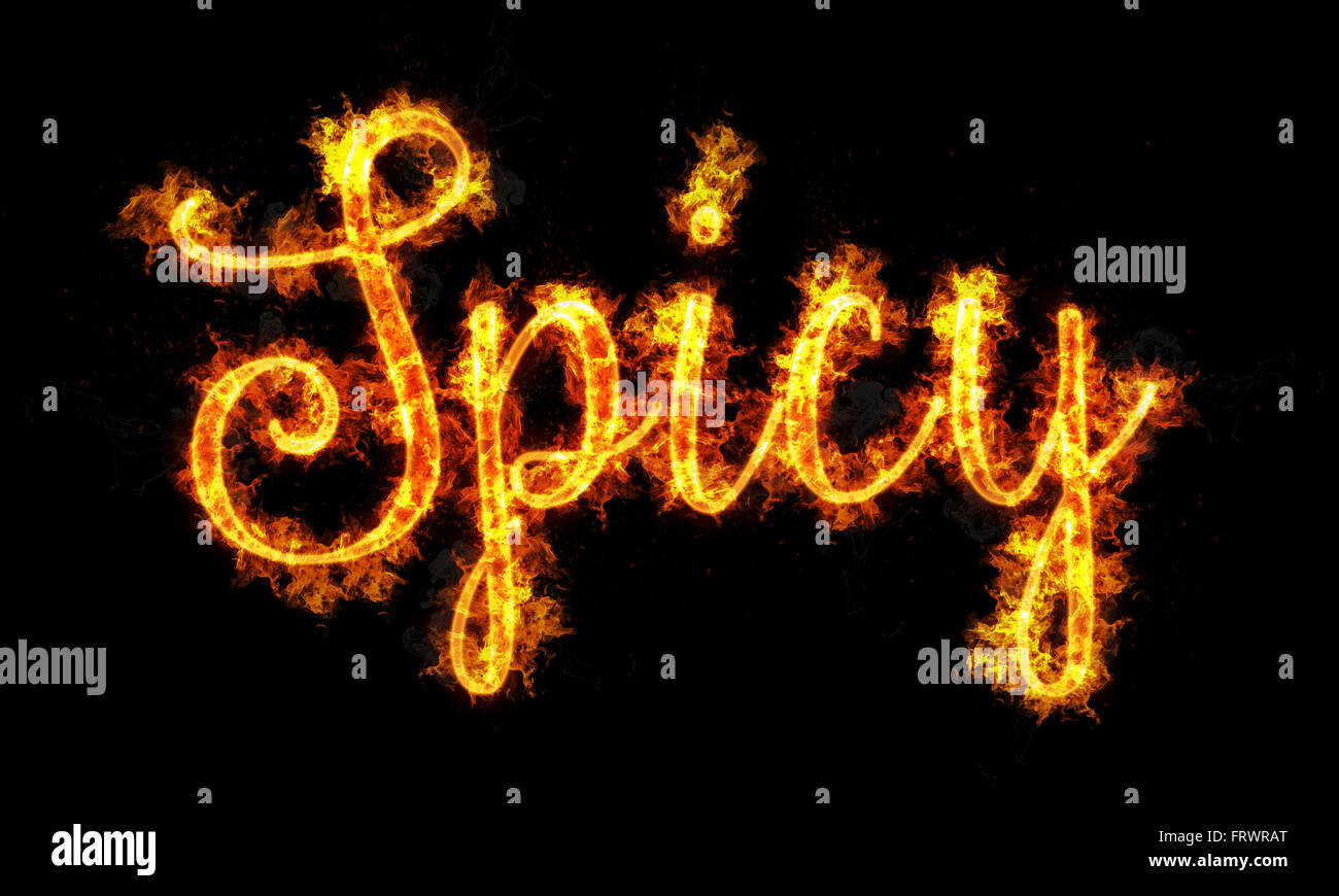 Spicy burning word written text in flames on black background Stock ...