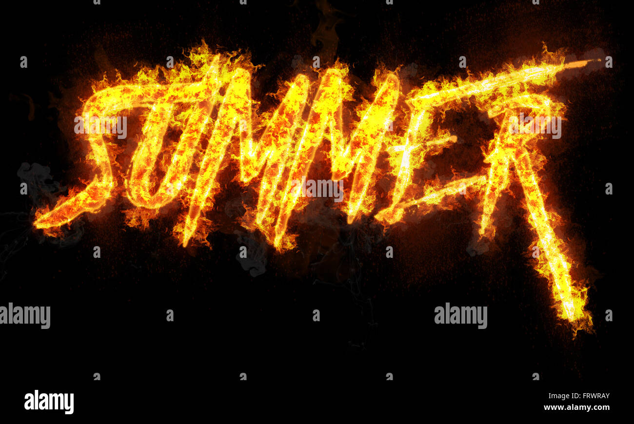 Summer burning word written text in flames on black background Stock ...