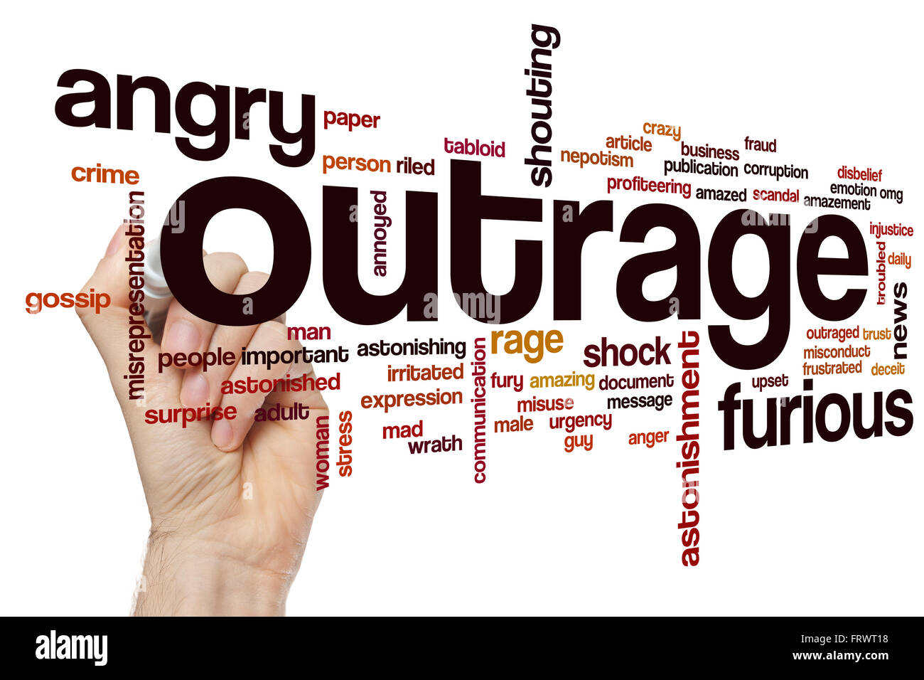 Outrage word cloud concept with angry rage related tags Stock Photo - Alamy