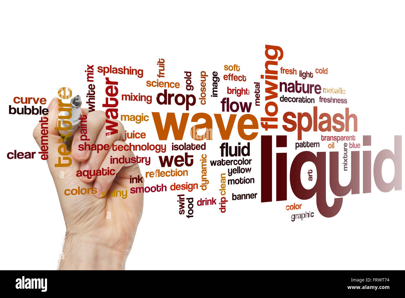 Liquid word cloud concept with flowing wave related tags Stock Photo ...