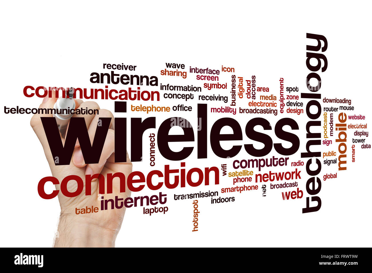 Wireless word cloud concept with technology connection related tags ...