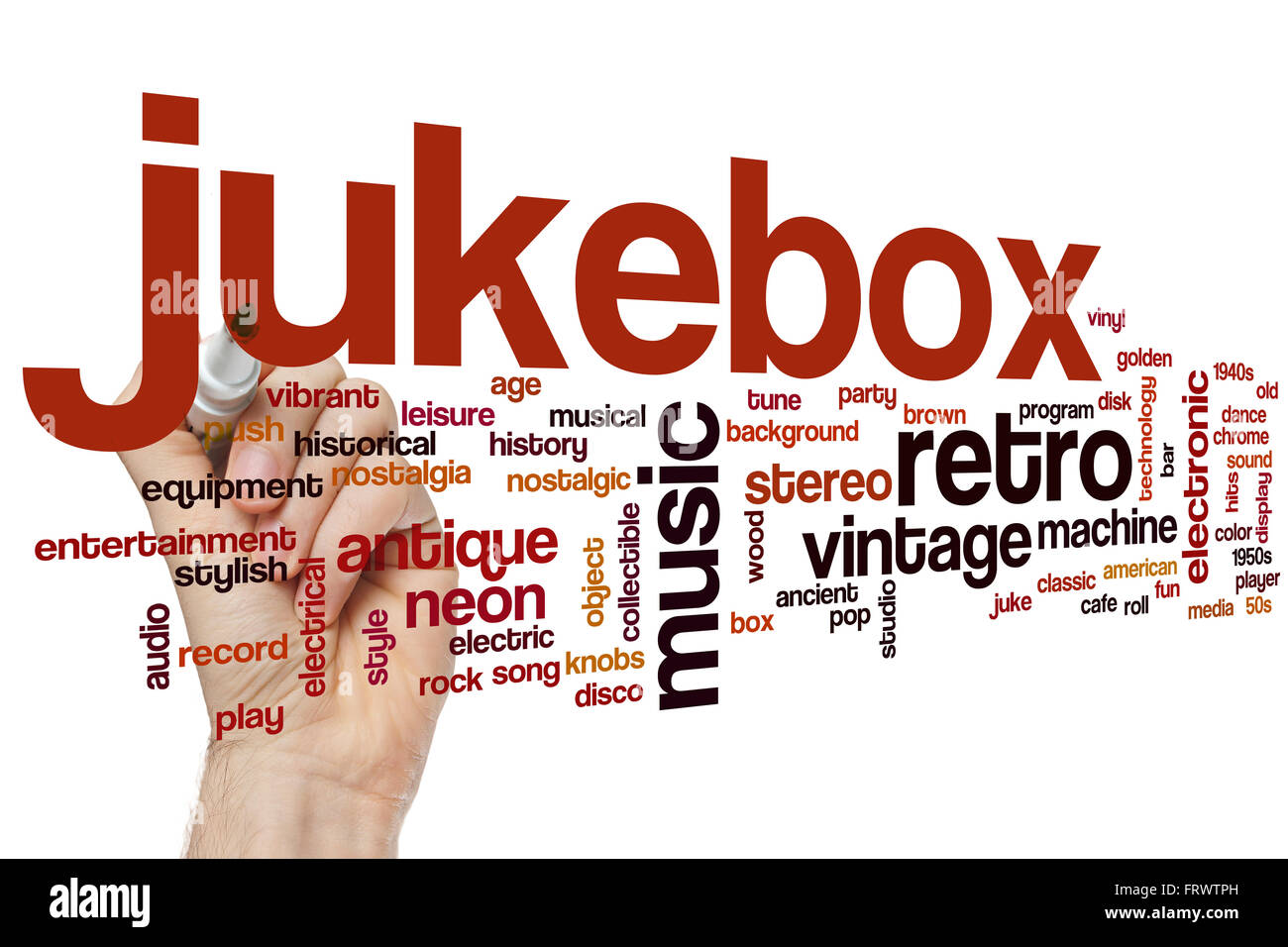 Jukebox word cloud concept with retro music related tags Stock Photo ...