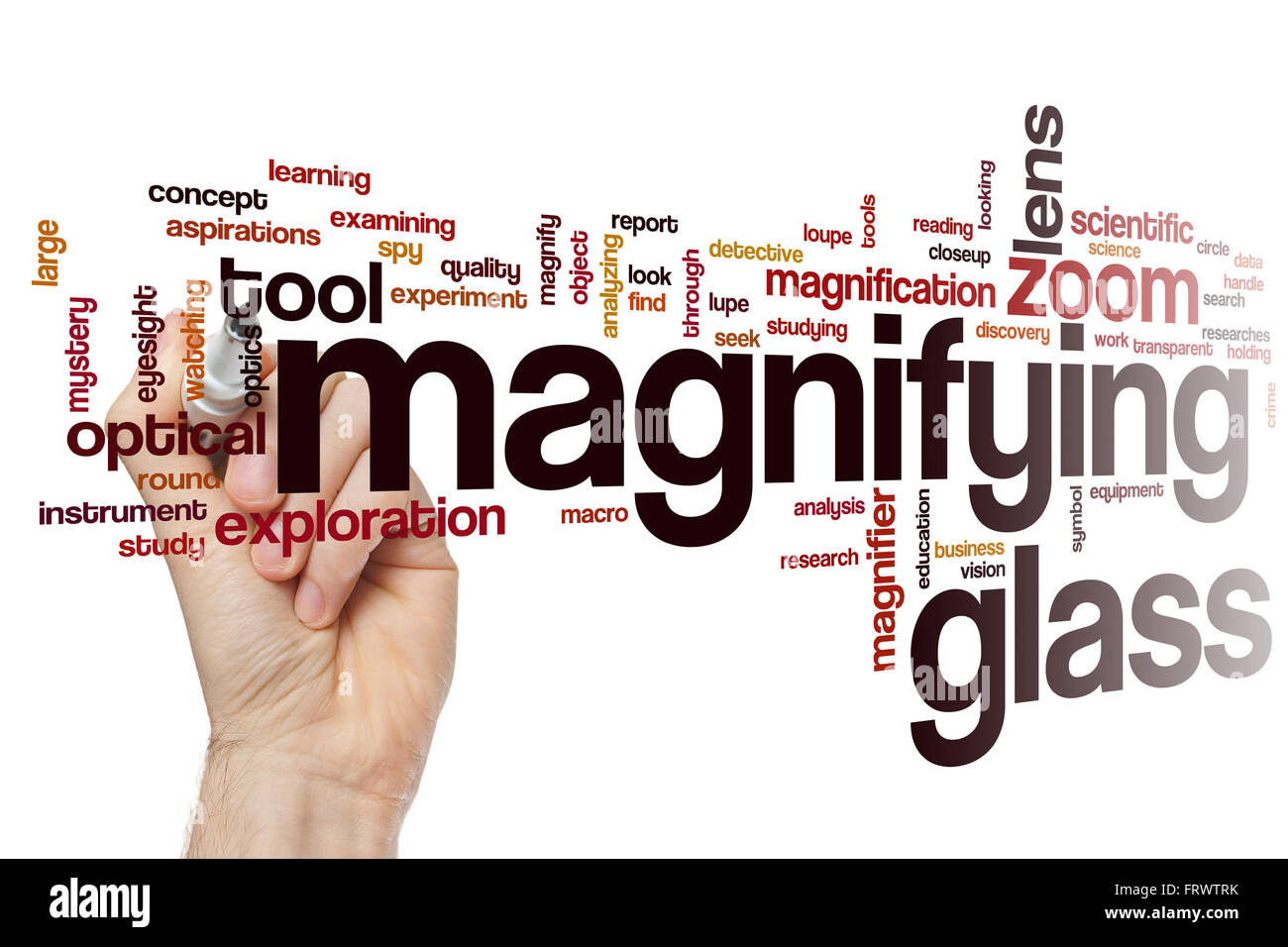 Magnifying glass word cloud concept with lens zoom related tags Stock ...