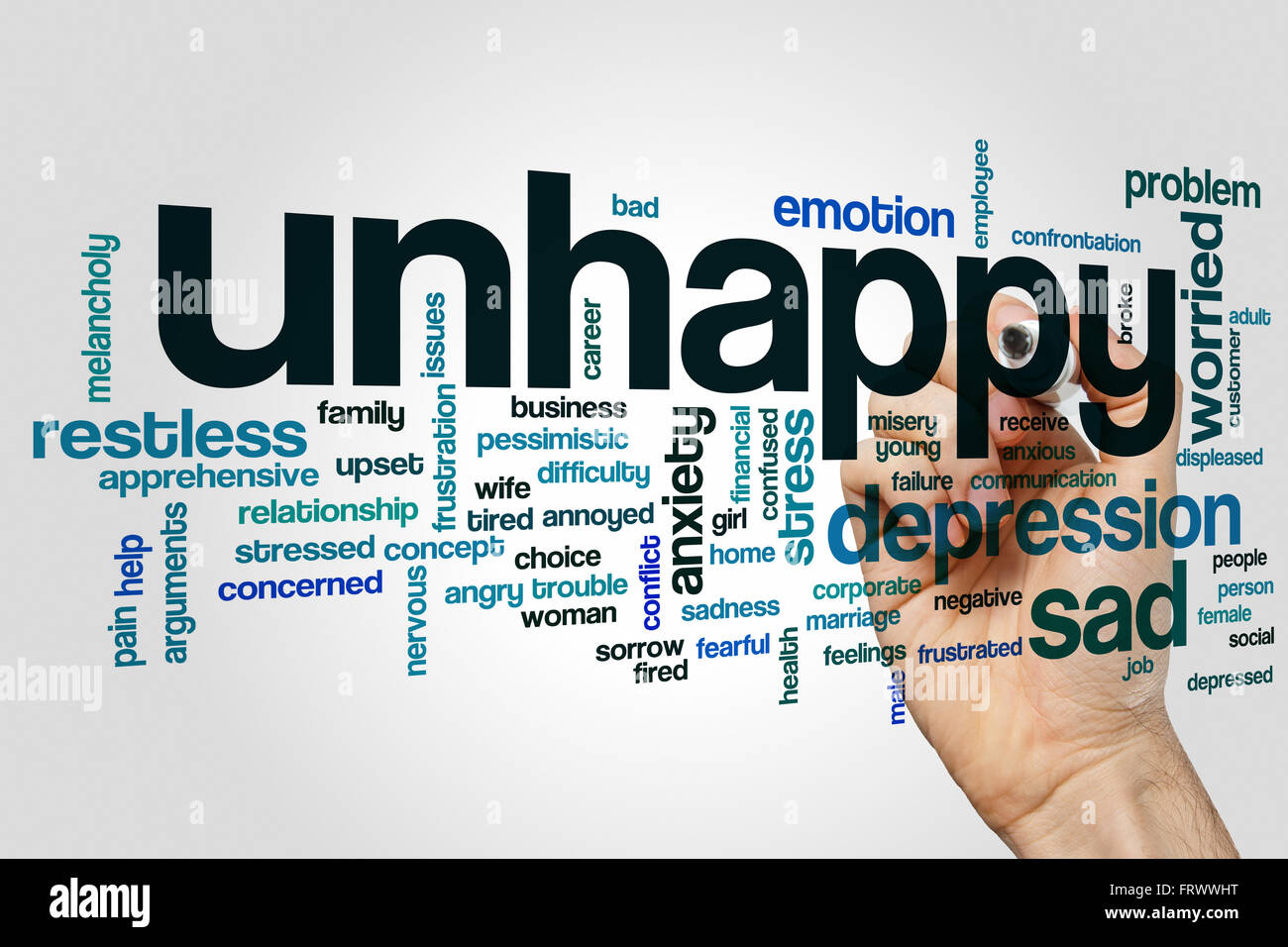 Unhappy word cloud Stock Photo - Alamy