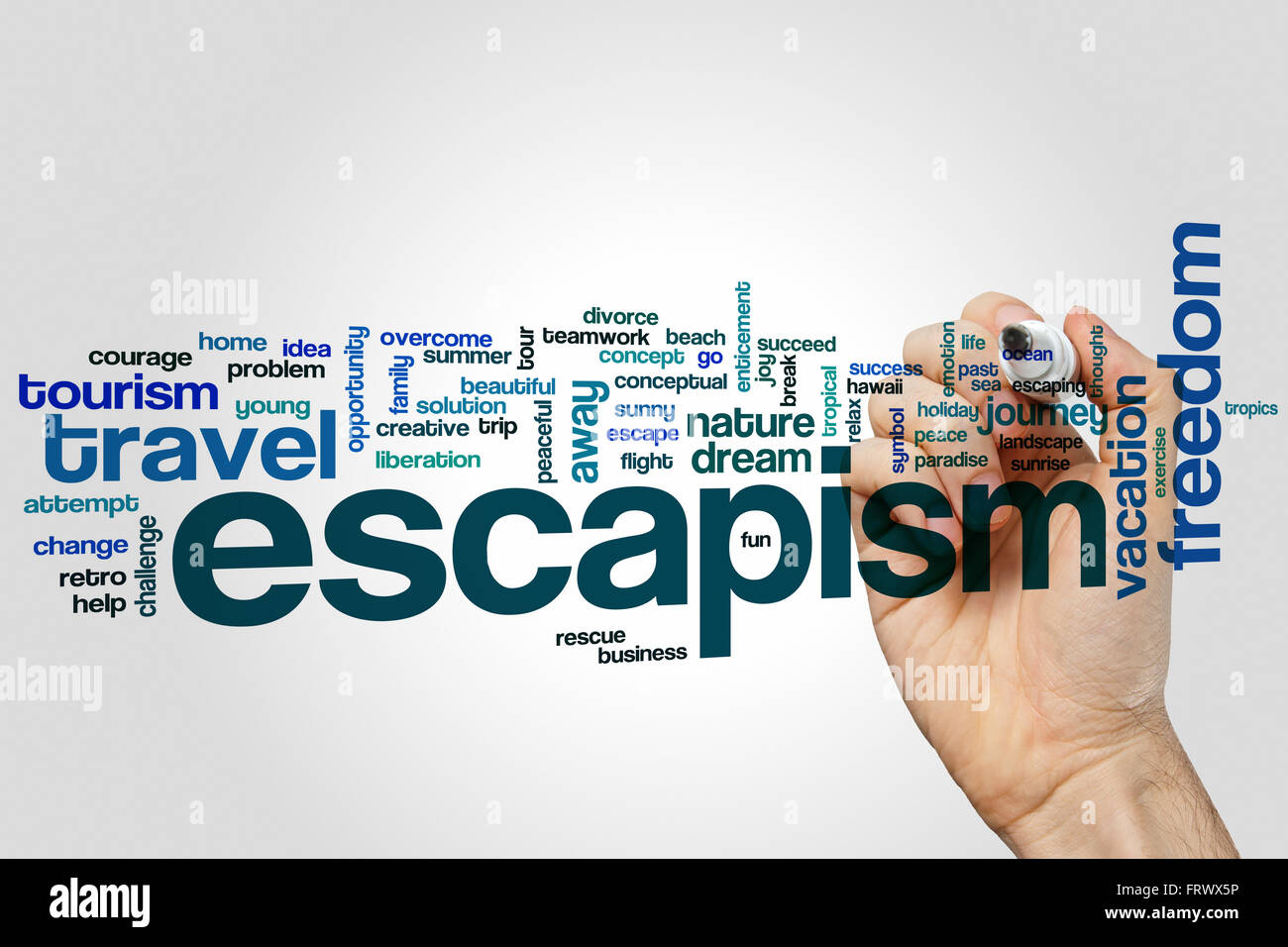 Escapism word cloud concept Stock Photo - Alamy