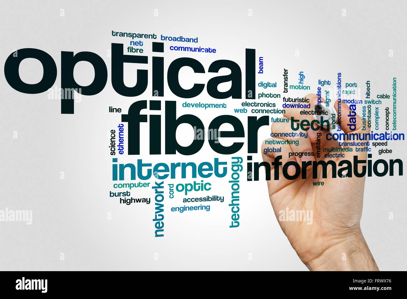 Optical fiber word cloud concept with internet tech related tags Stock ...