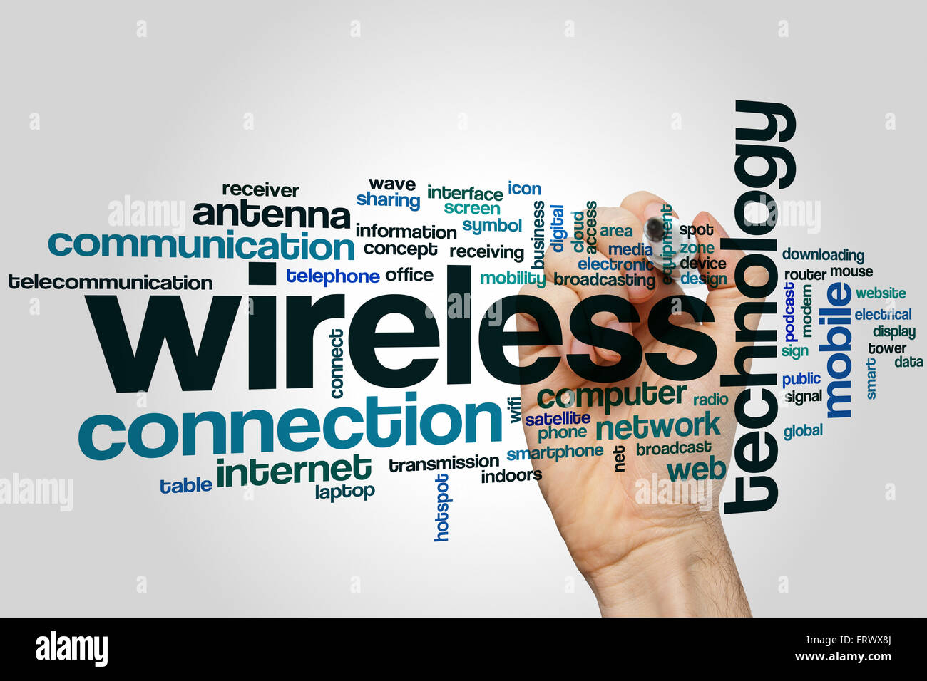 Wireless word cloud concept with technology connection related tags ...