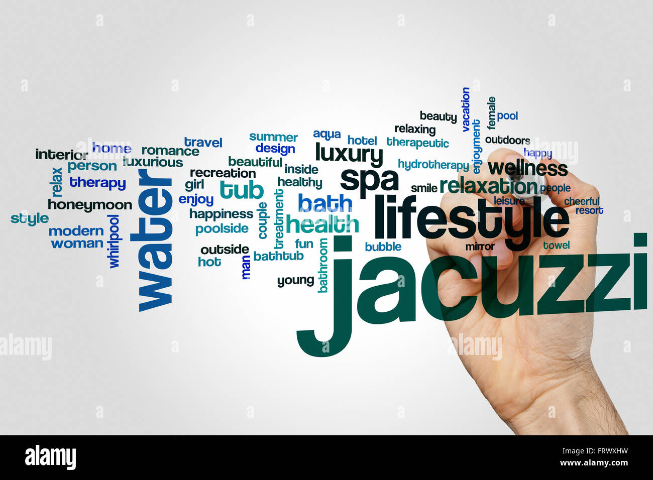 Jacuzzi word cloud concept with water tub related tags Stock Photo - Alamy