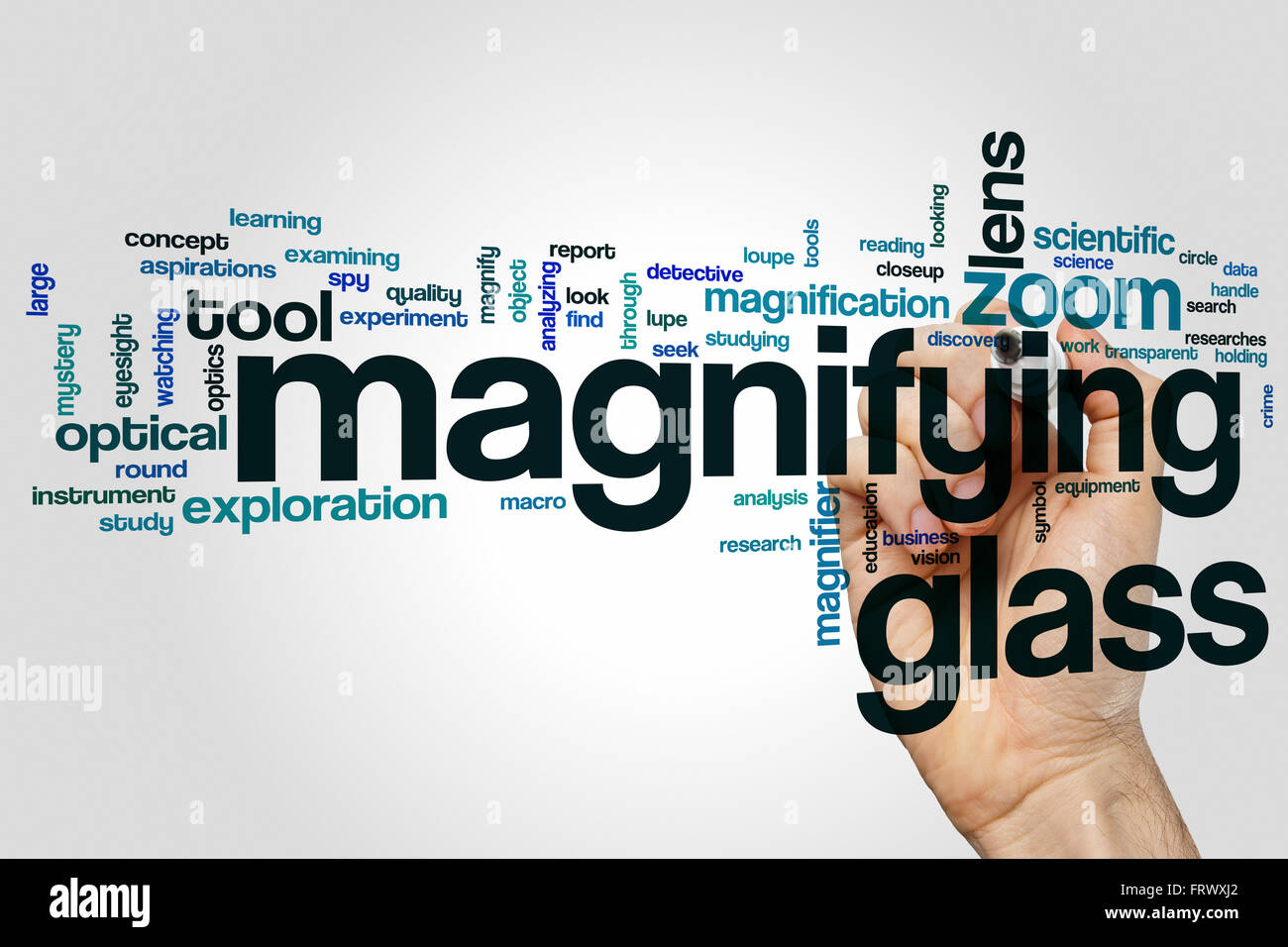 Magnifying glass word cloud concept with lens zoom related tags Stock ...