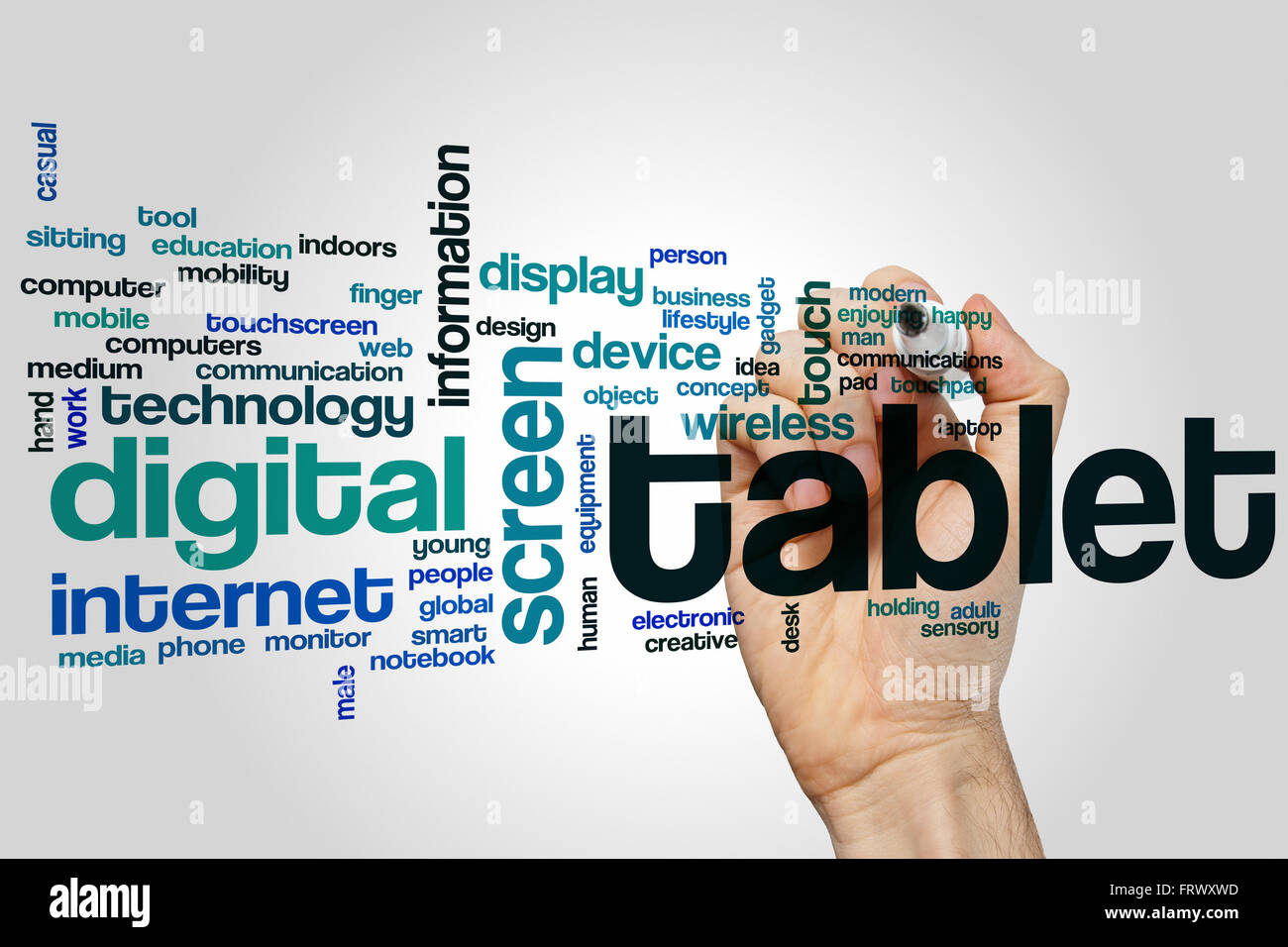 Tablet word cloud concept with display touch related tags Stock Photo ...