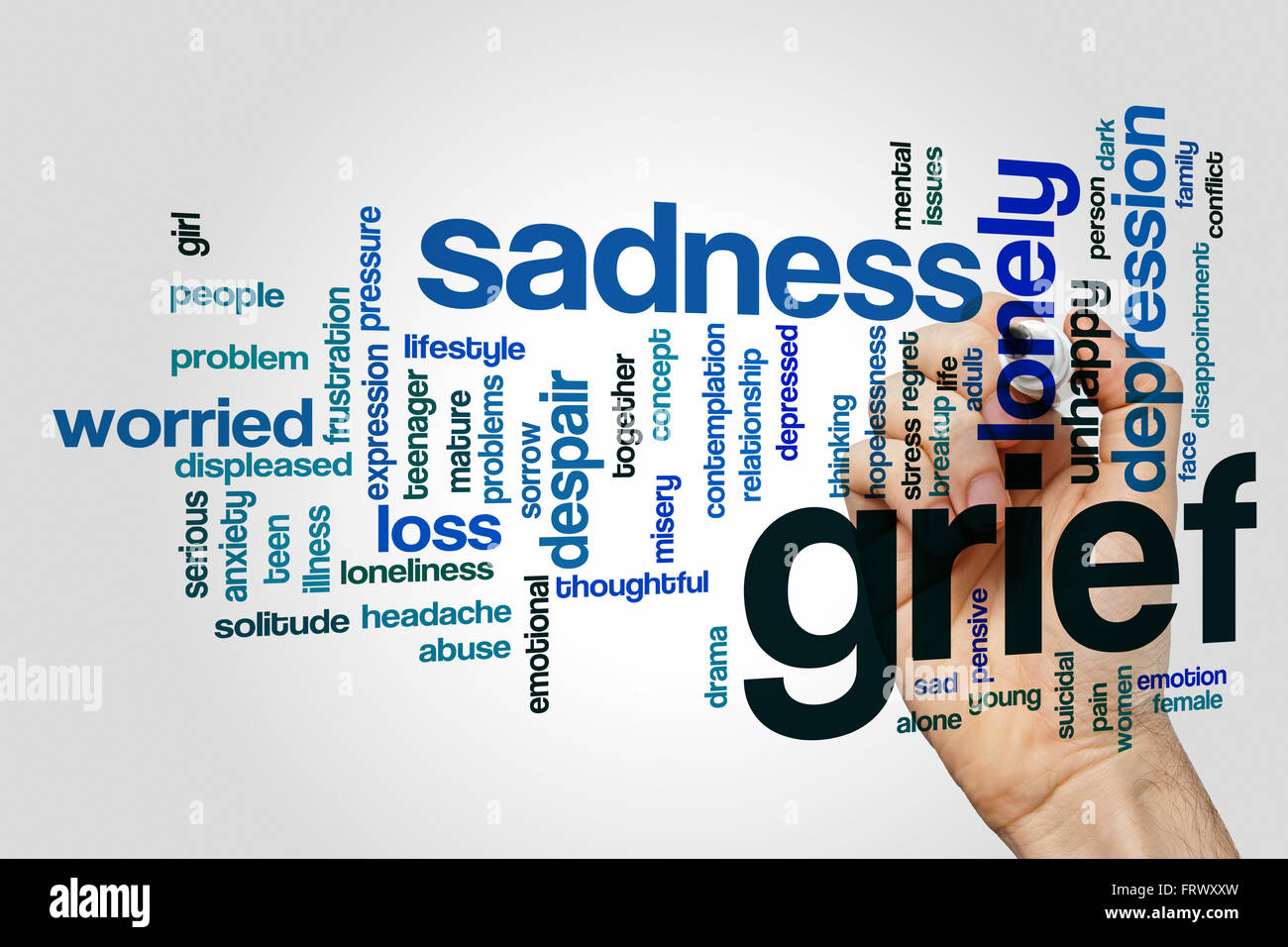 Grief word cloud concept with sad lonely related tags Stock Photo - Alamy