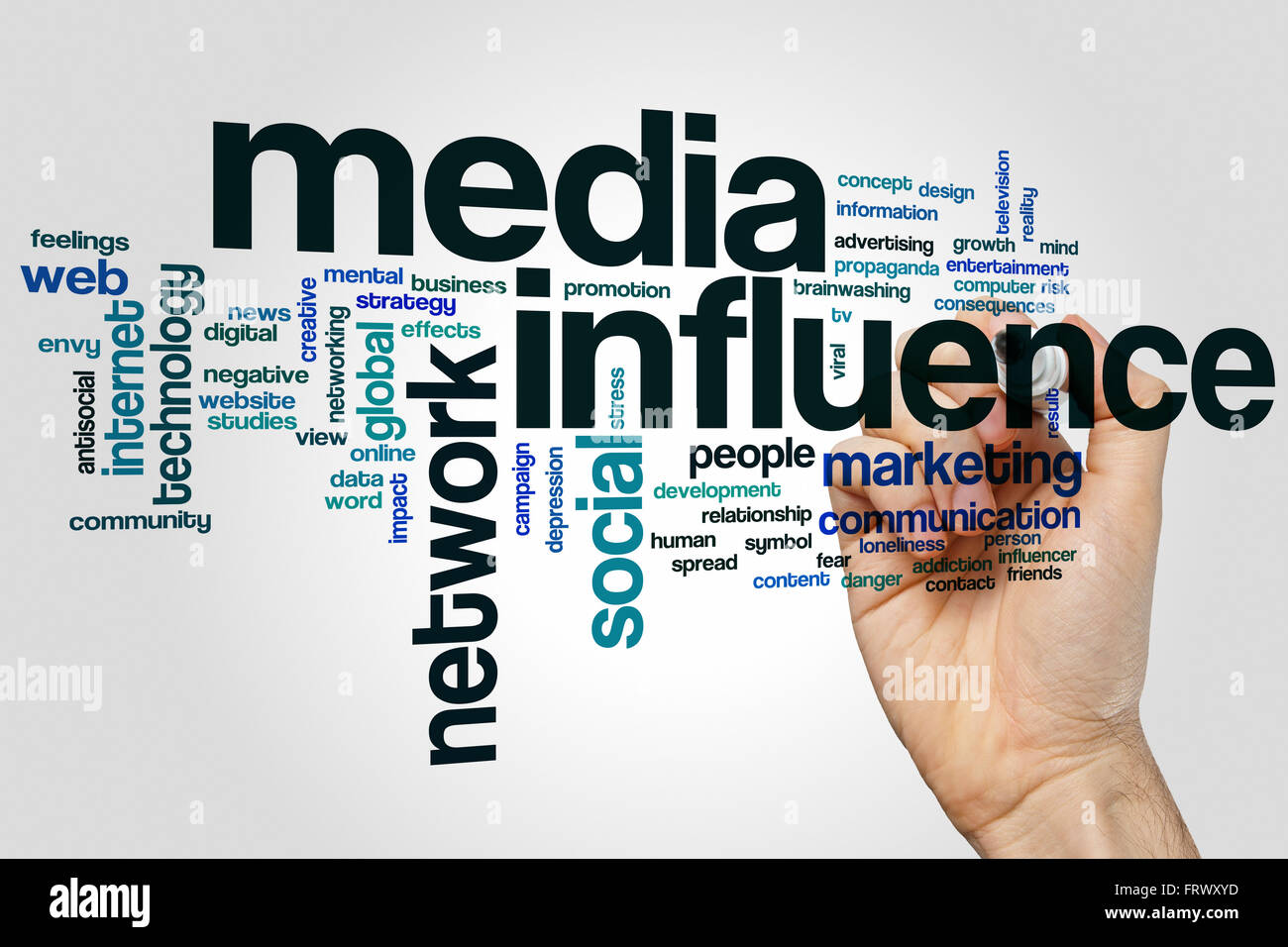 Media influence word cloud concept with marketing network related tags ...