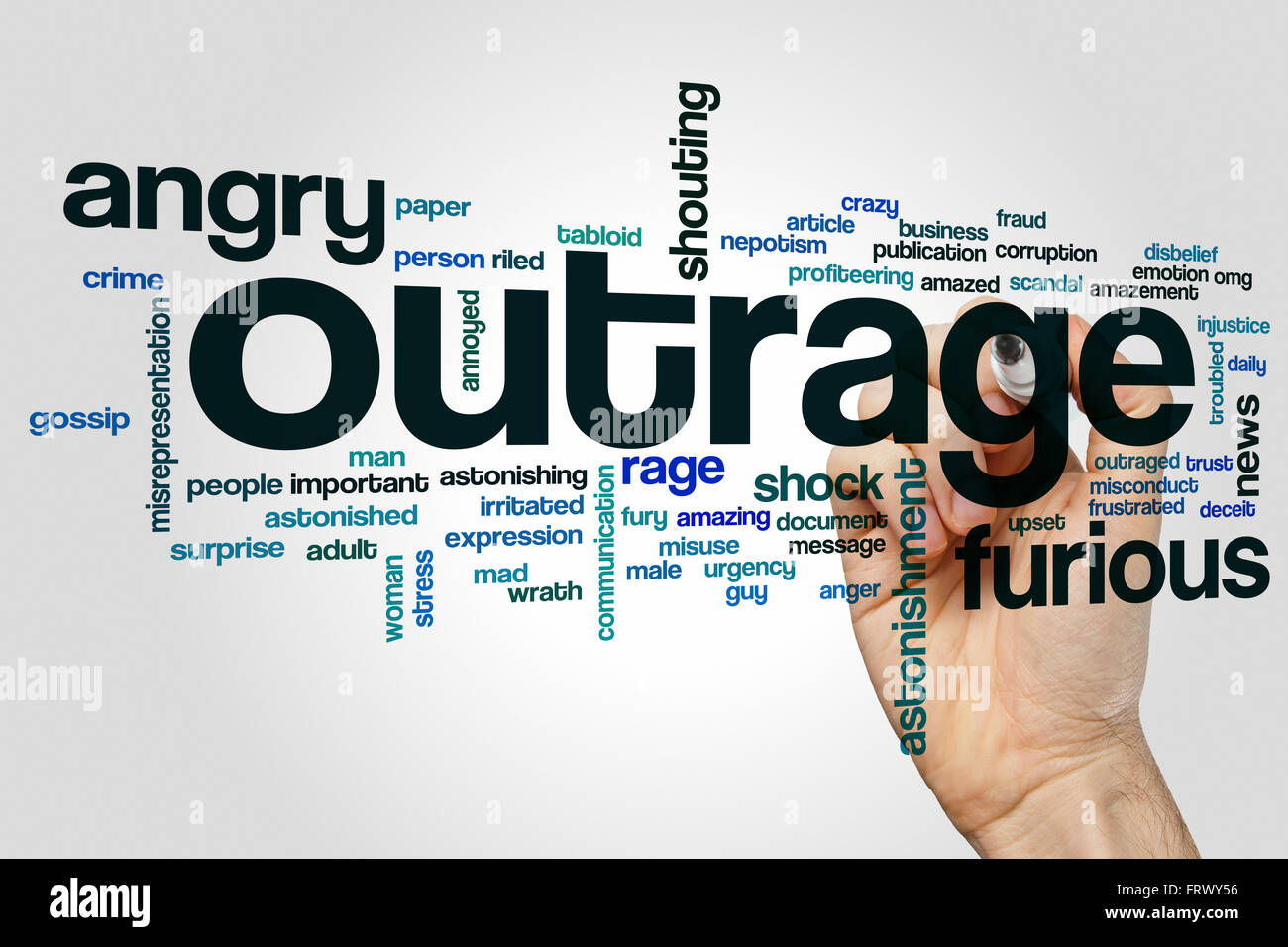 Outrage word cloud concept with angry rage related tags Stock Photo - Alamy