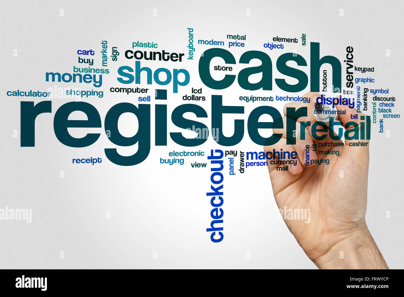 Cash register cloud concept with retail shop related tags Stock Photo ...