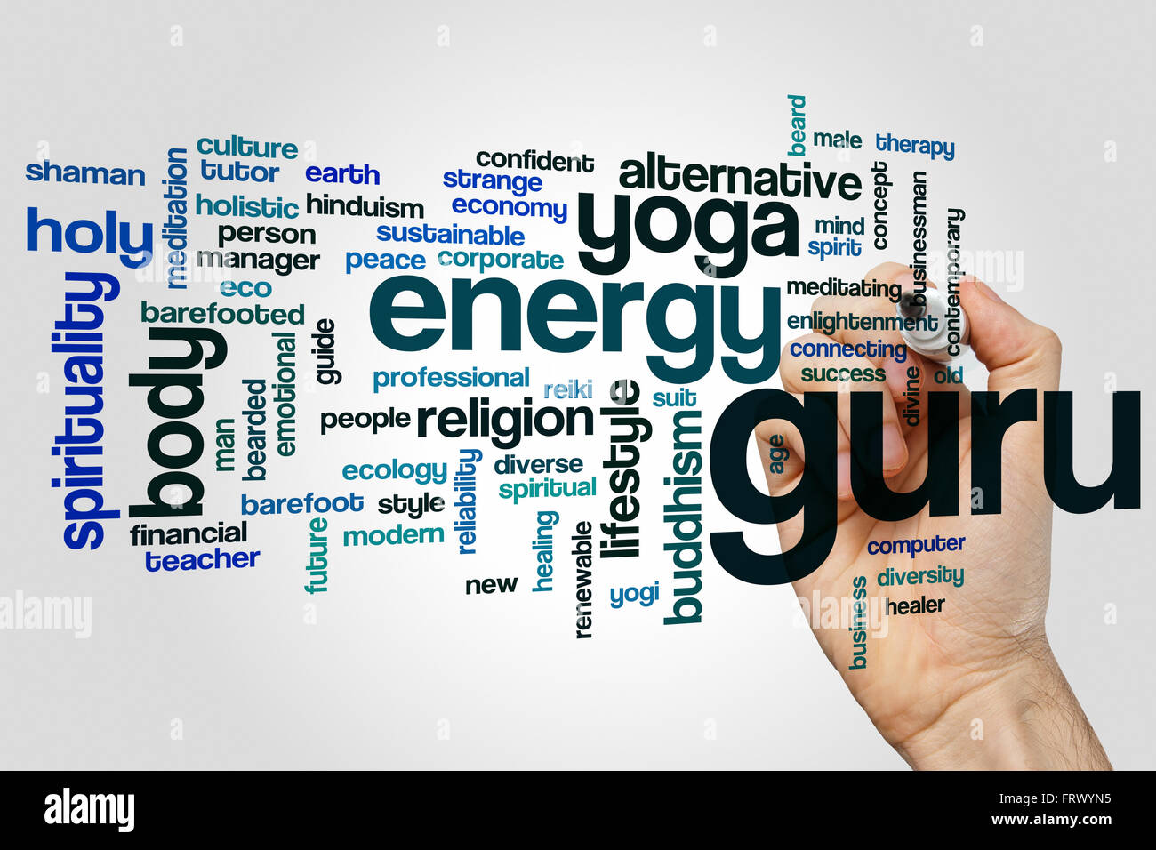 Guru word cloud concept with yoga holy related tags Stock Photo - Alamy