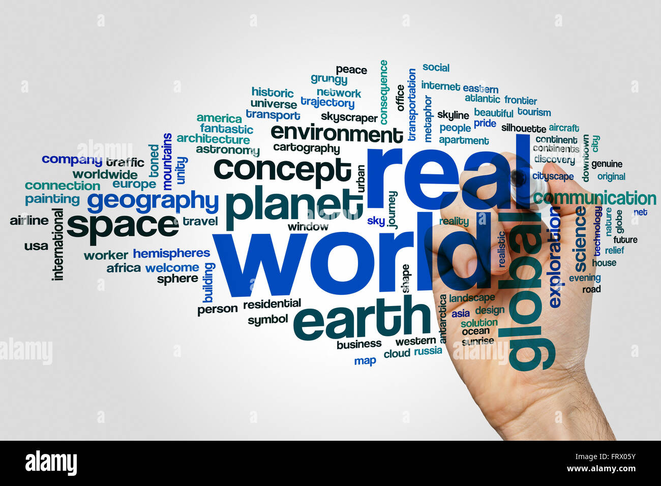 Real world concept word cloud background Stock Photo - Alamy
