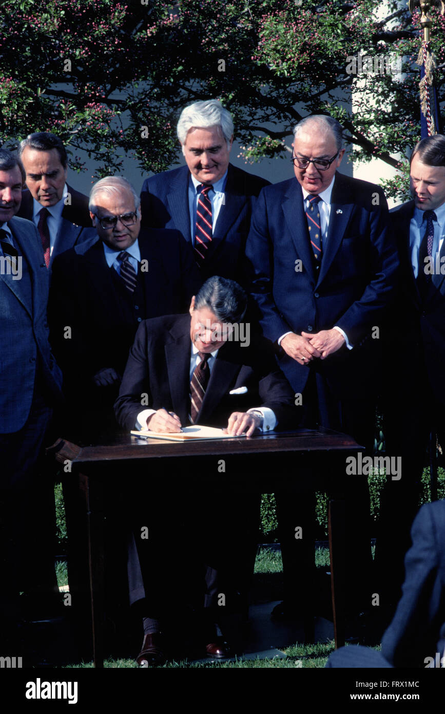 Washington, DC., USA, 10th April, 1984 President Ronald Reagan signing ...